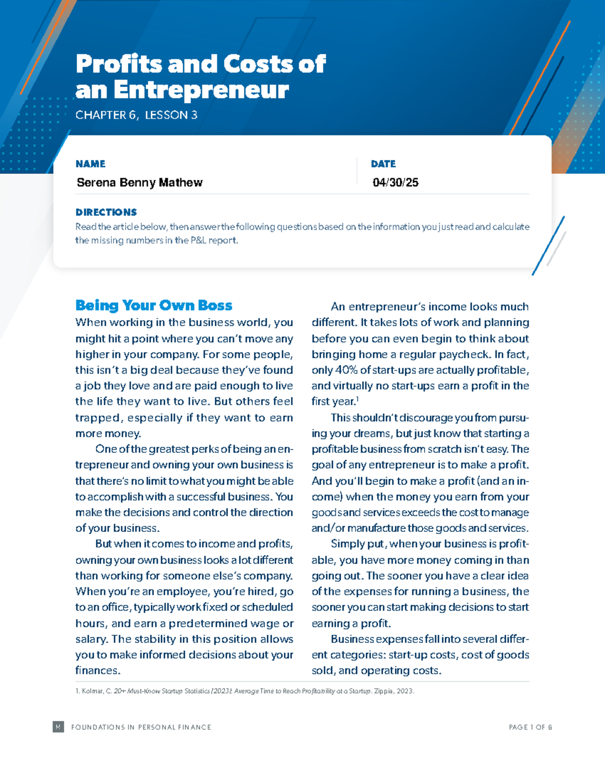 Profits and Costs of an Entrepreneur: CH 6, Lesson 3 Insights - Studocu