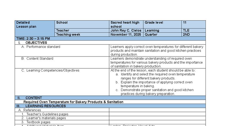 DLP TLE 2ND: Oven Temperature Ranges for Bakery Products - Studocu