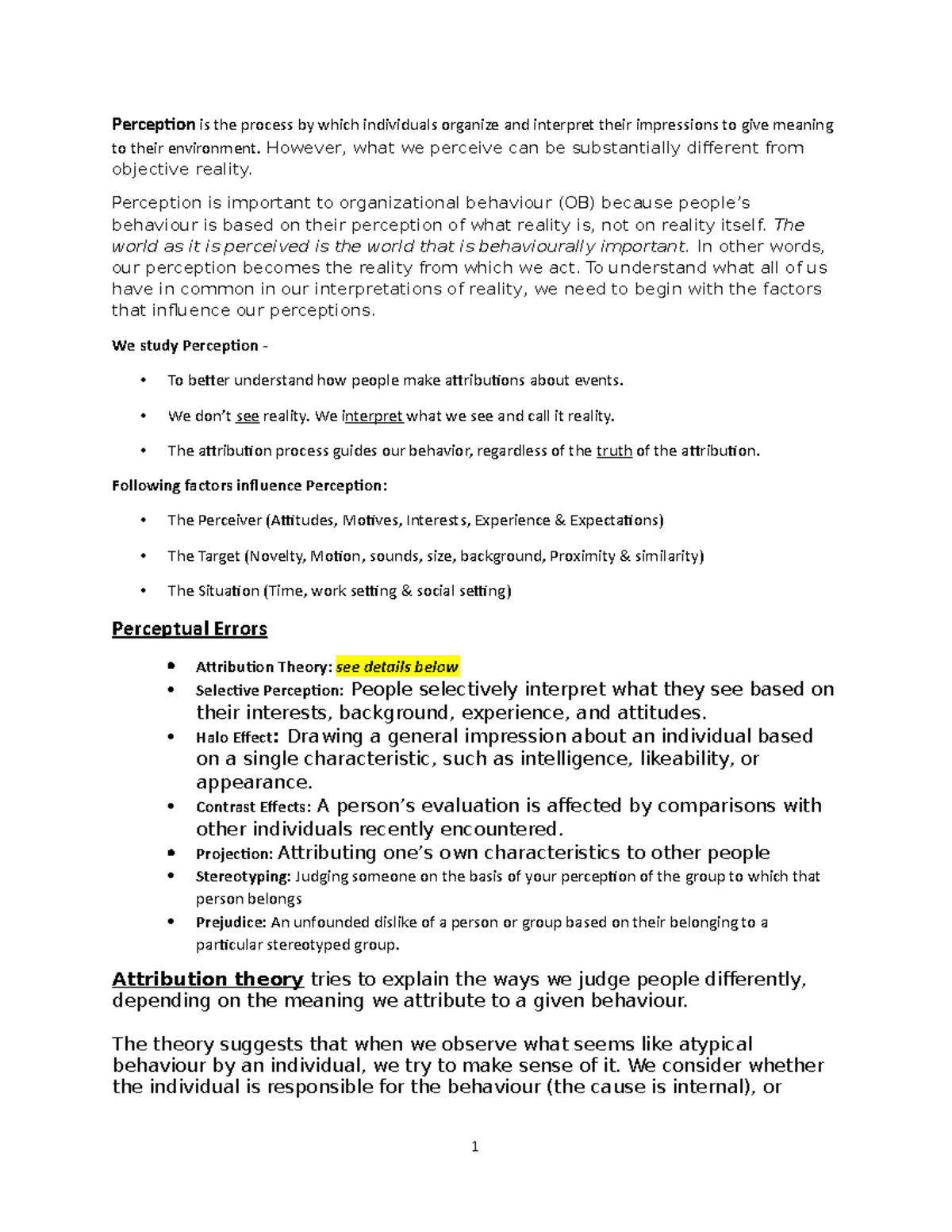 OB Notes ch-2 - Perception is the process by which individuals organize ...