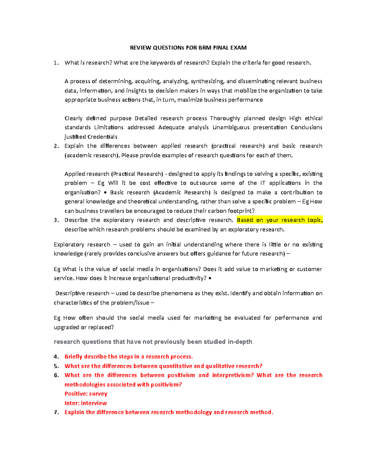 BRM Final Exam Review Questions and Key Concepts - Studocu