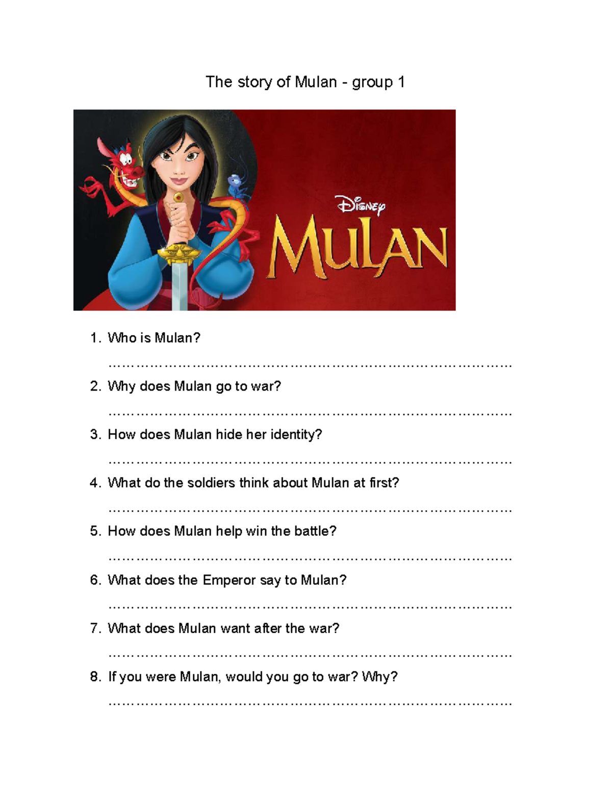 Comprehension Questions on Mulan - English 1 + 2 - Studocu