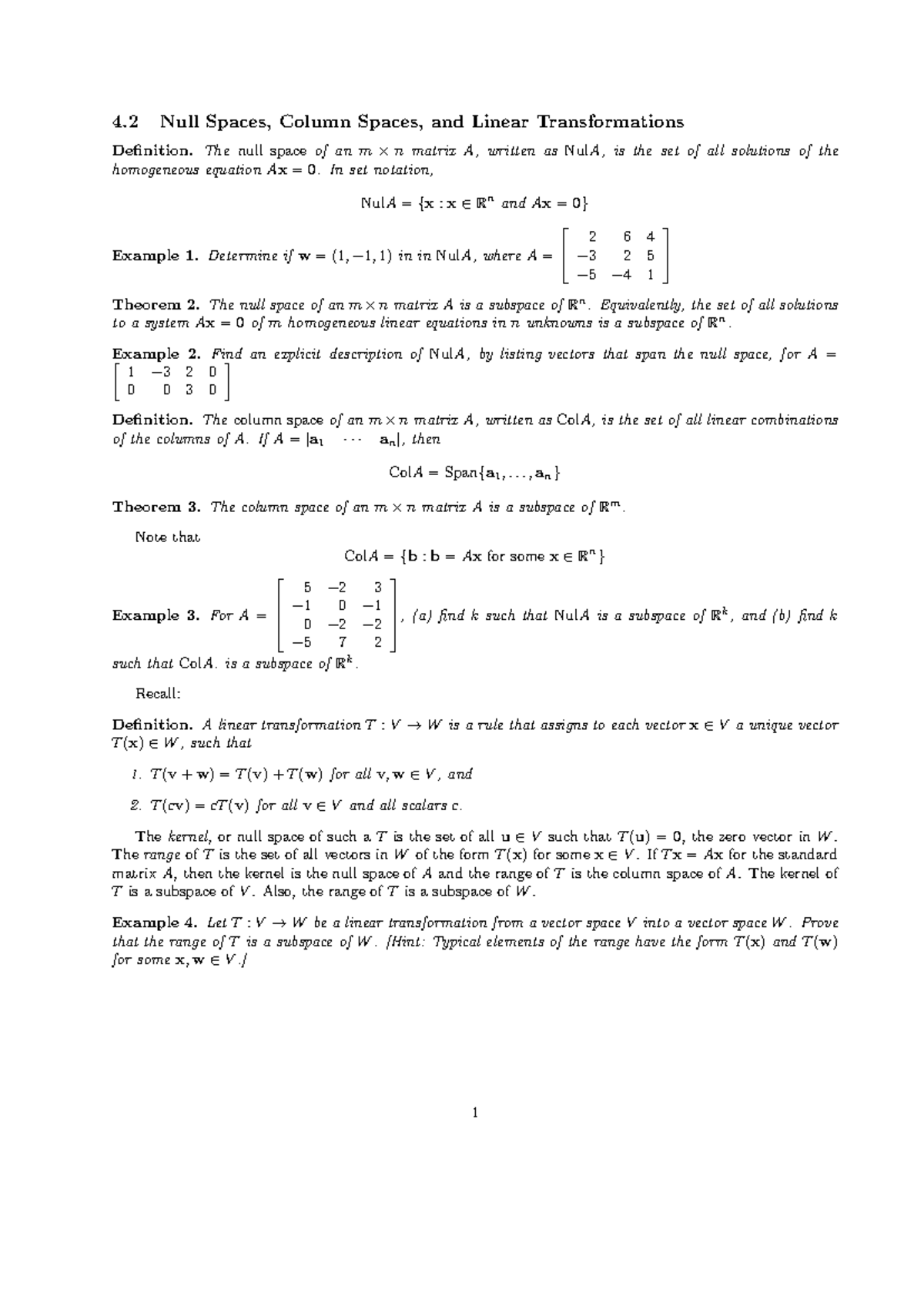 Mathematics Stem: 4.2 Null Spaces, Column Spaces, & Linear ...