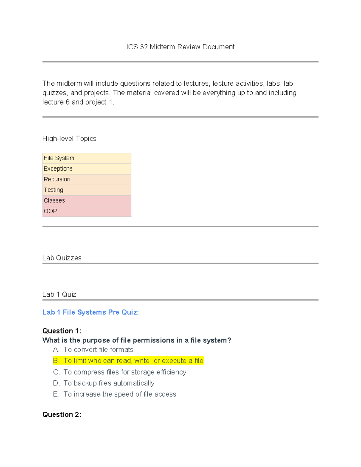 ICS 32 Midterm Review: Key Topics and Lab Quiz Insights - Studocu