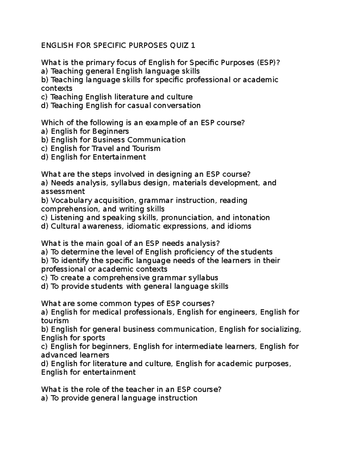 ESP QUIZ 1: Key Concepts and Course Design in English for Specific ...