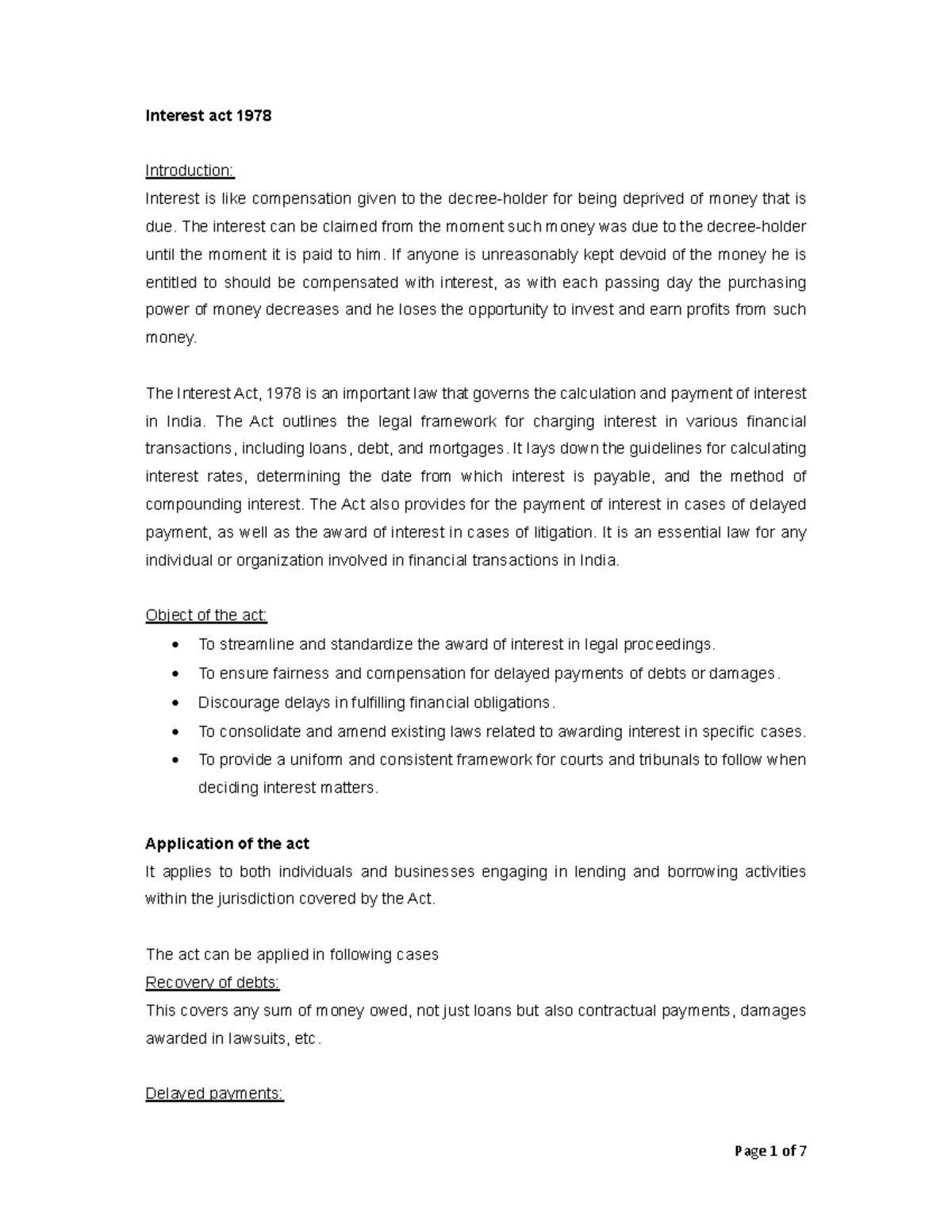 Notes on the Interest Act 1978: Key Provisions and Applications - Studocu