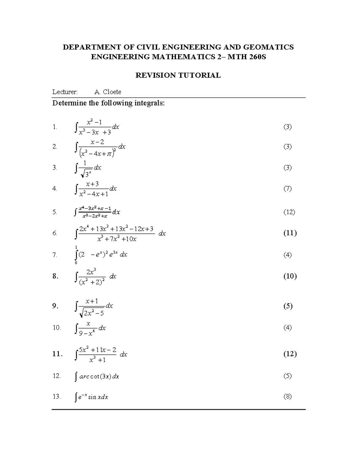 MTH 260S Revision Tutorial: Integration Techniques and Examples - Studocu