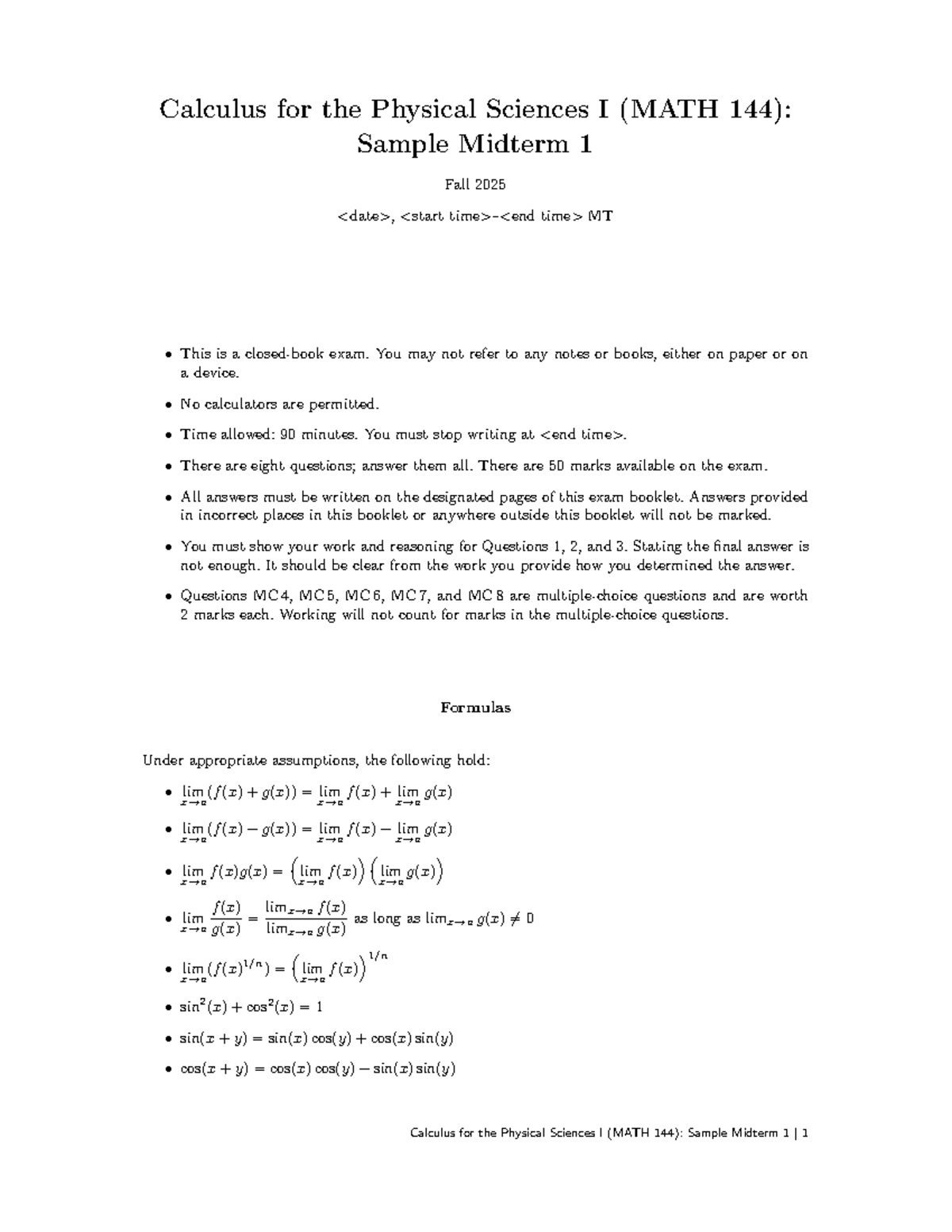 Calculus for the Physical Sciences I (MATH 144): Sample Midterm Exam ...