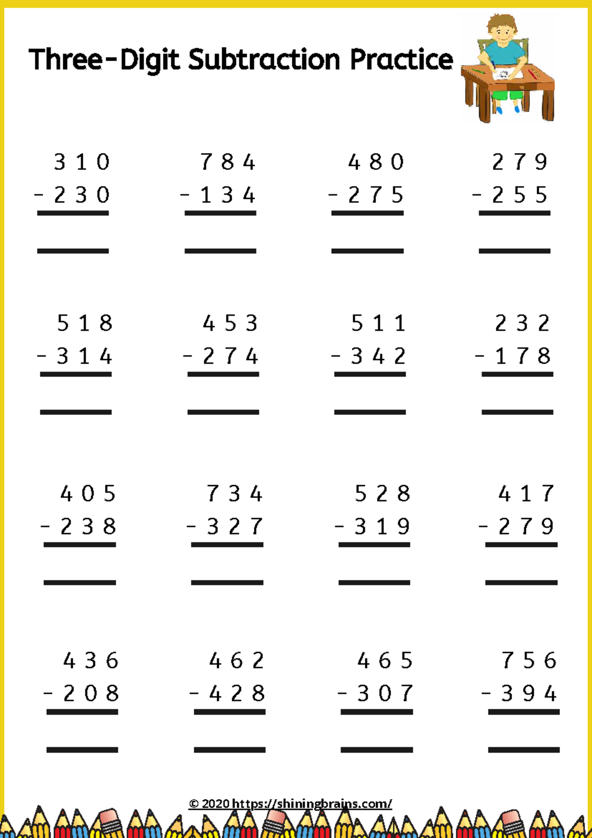 Three Digit Addition and Subtraction Practice 3 - © 2020 shiningbrains ...