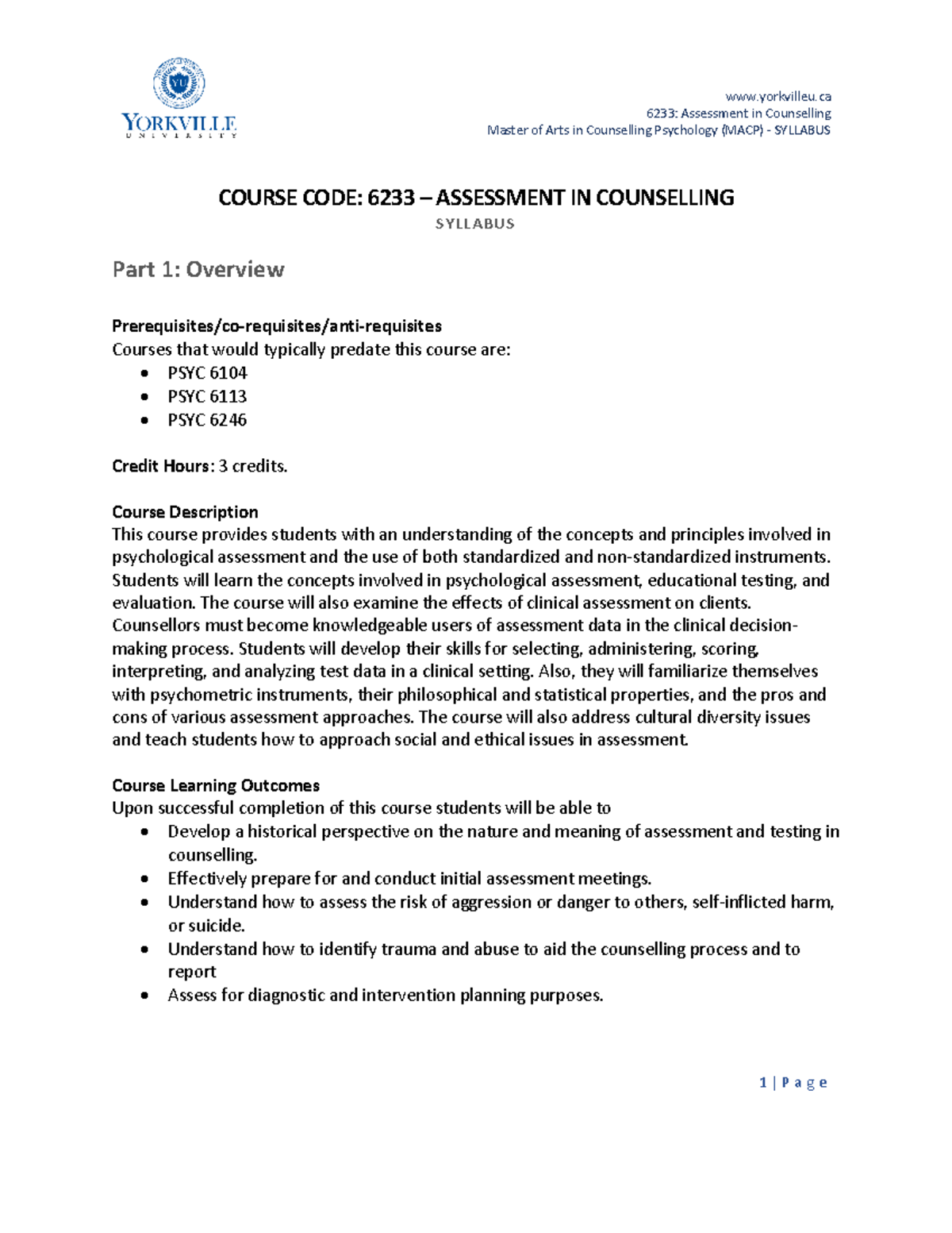 PSYC 6233 Assessment in Counselling - Comprehensive Course Syllabus 23C ...