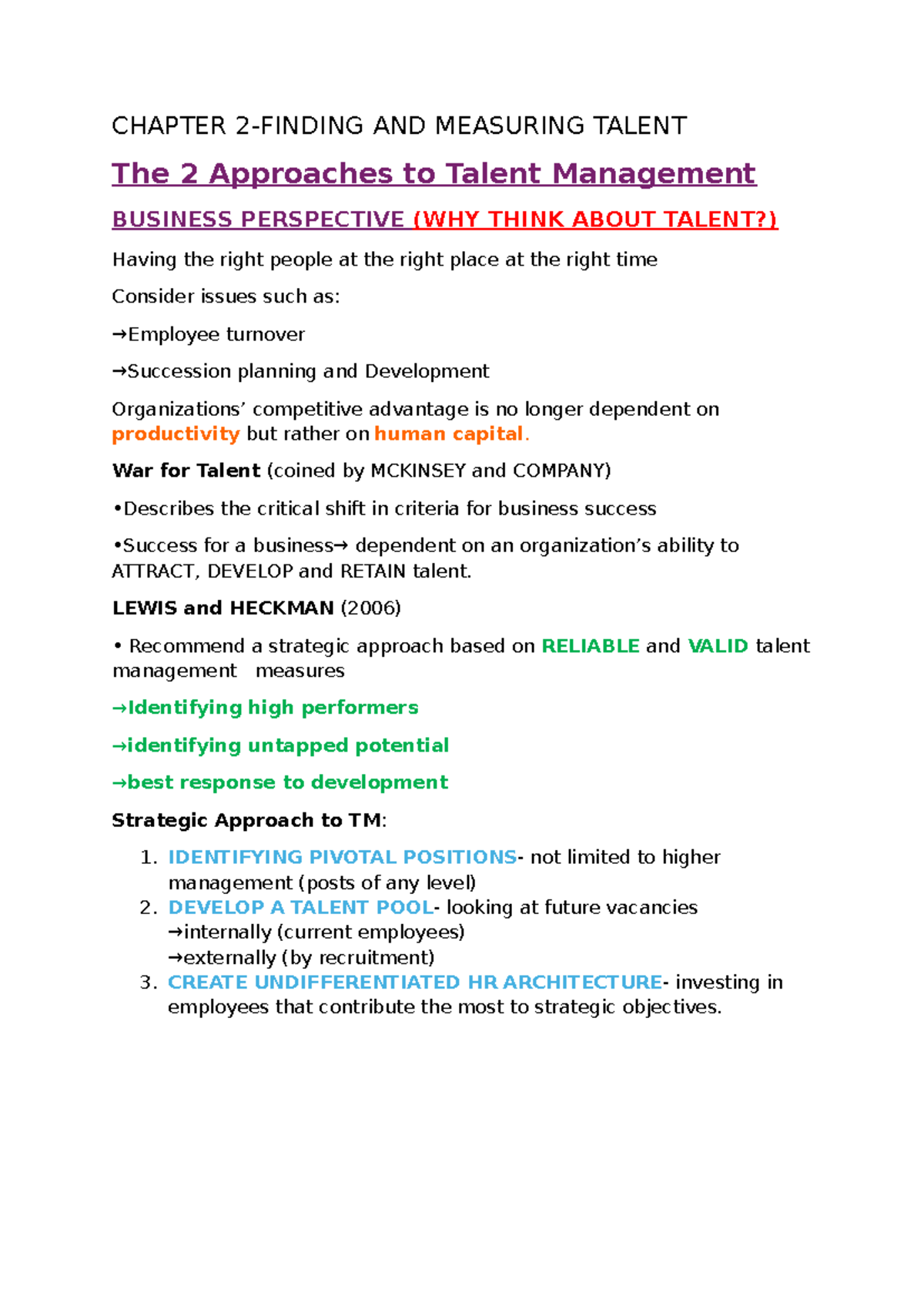 Chapter 2 - Summary: Measuring Talent & Approaches to Talent Management ...