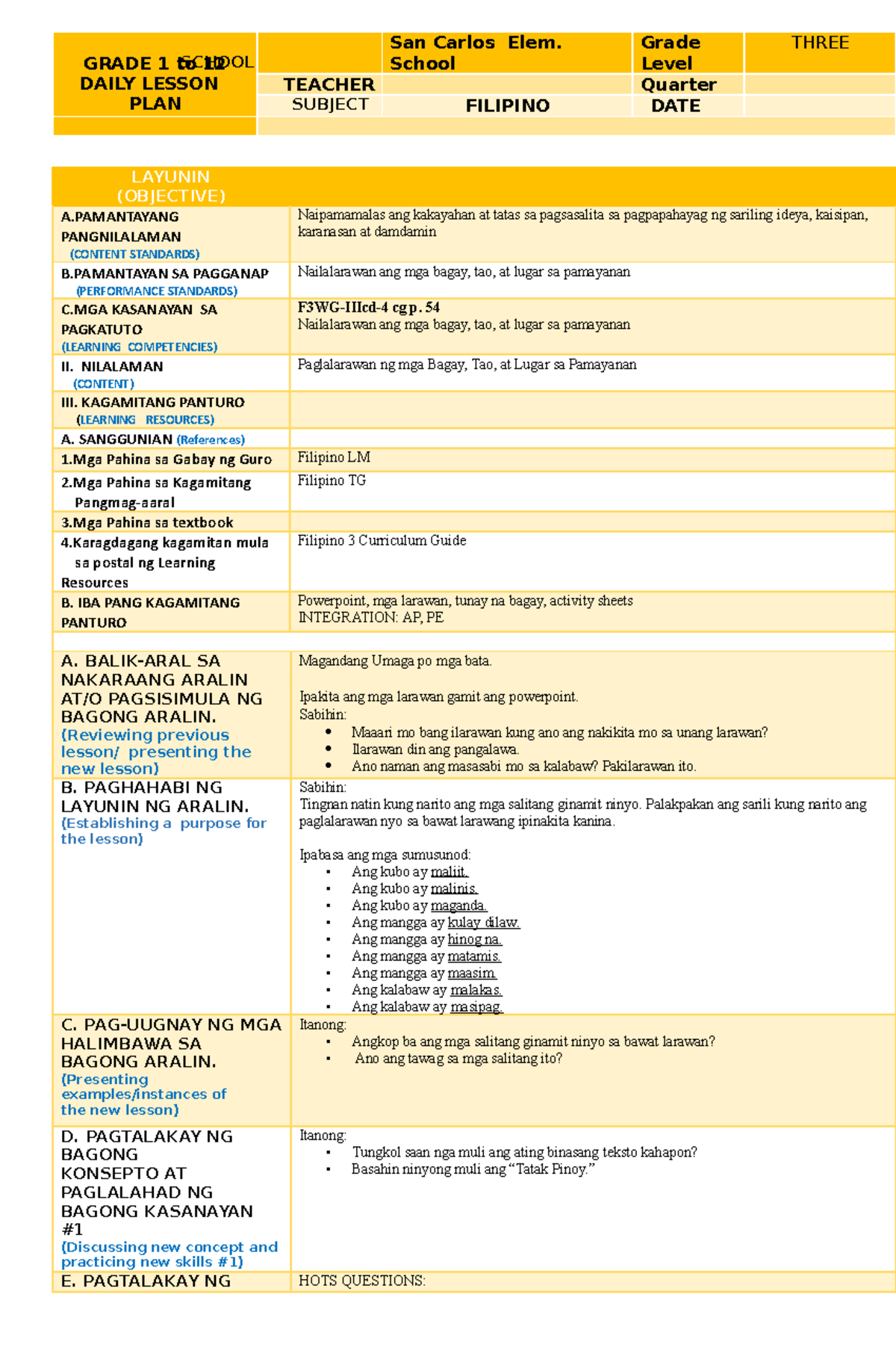 Filipino-3-COT - None - GRADE 1 to 12 DAILY LESSON PLAN SCHOOL San Carlos Elem. School Grade ...