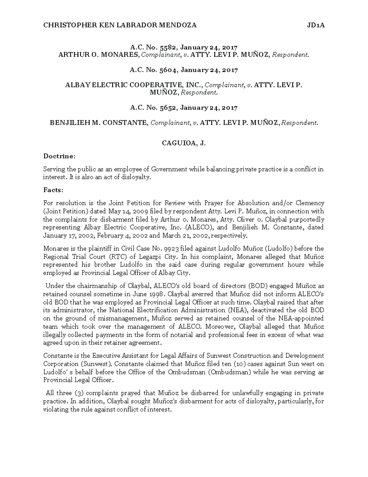 Monares VS. Muñoz - Case Digest - CHRISTOPHER KEN LABRADOR MENDOZA JD1A ...