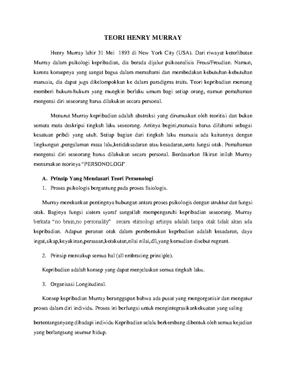 Teori Henry Murray - TEORI HENRY MURRAY Henry Murray lahir 31 Mei 1893 ...