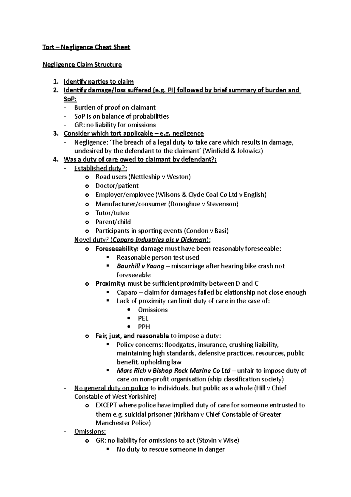 Tort Law - Negligence Cheat Sheet Overview & Key Concepts - Studocu