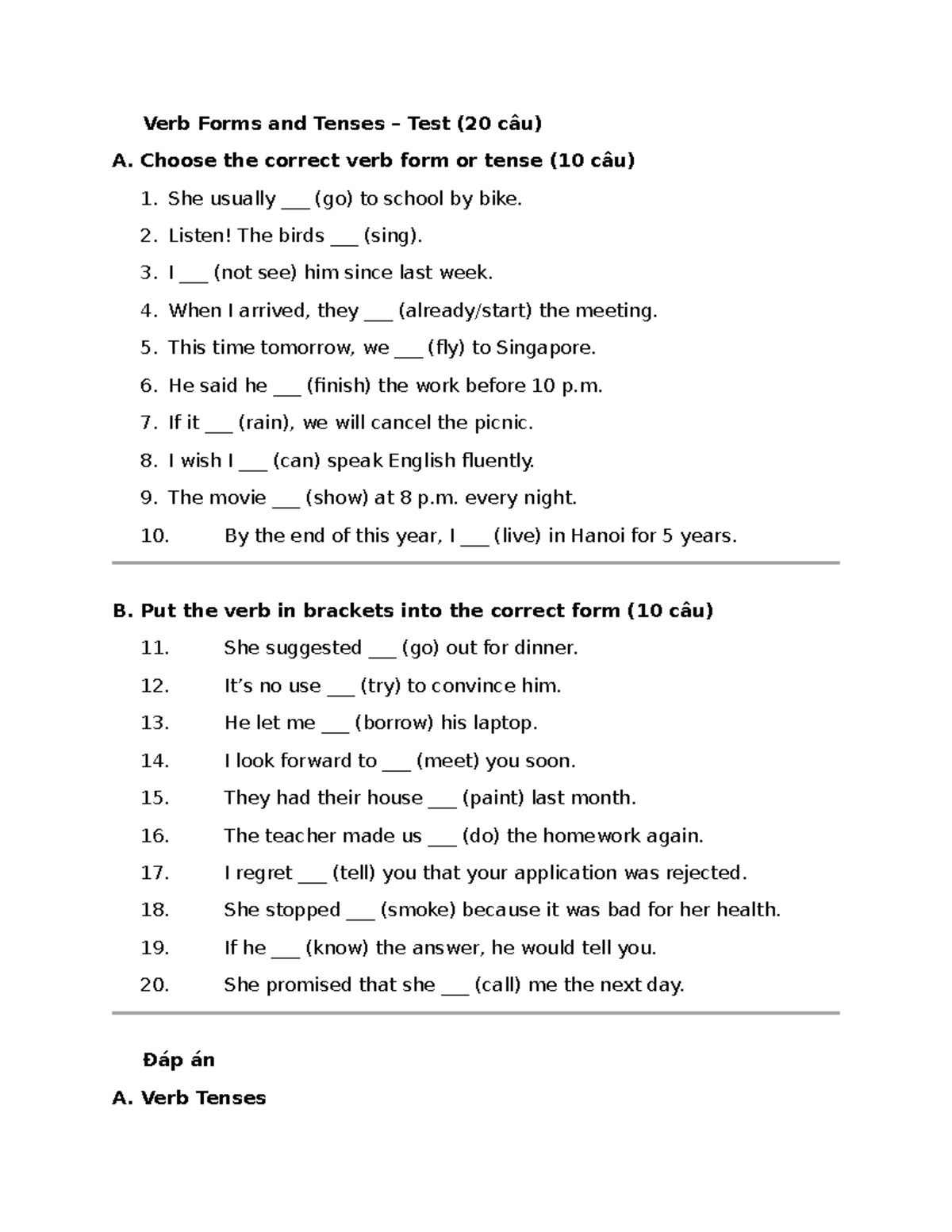 Verb Forms and Tenses Test (20 câu) - Practice & Answers - Studocu