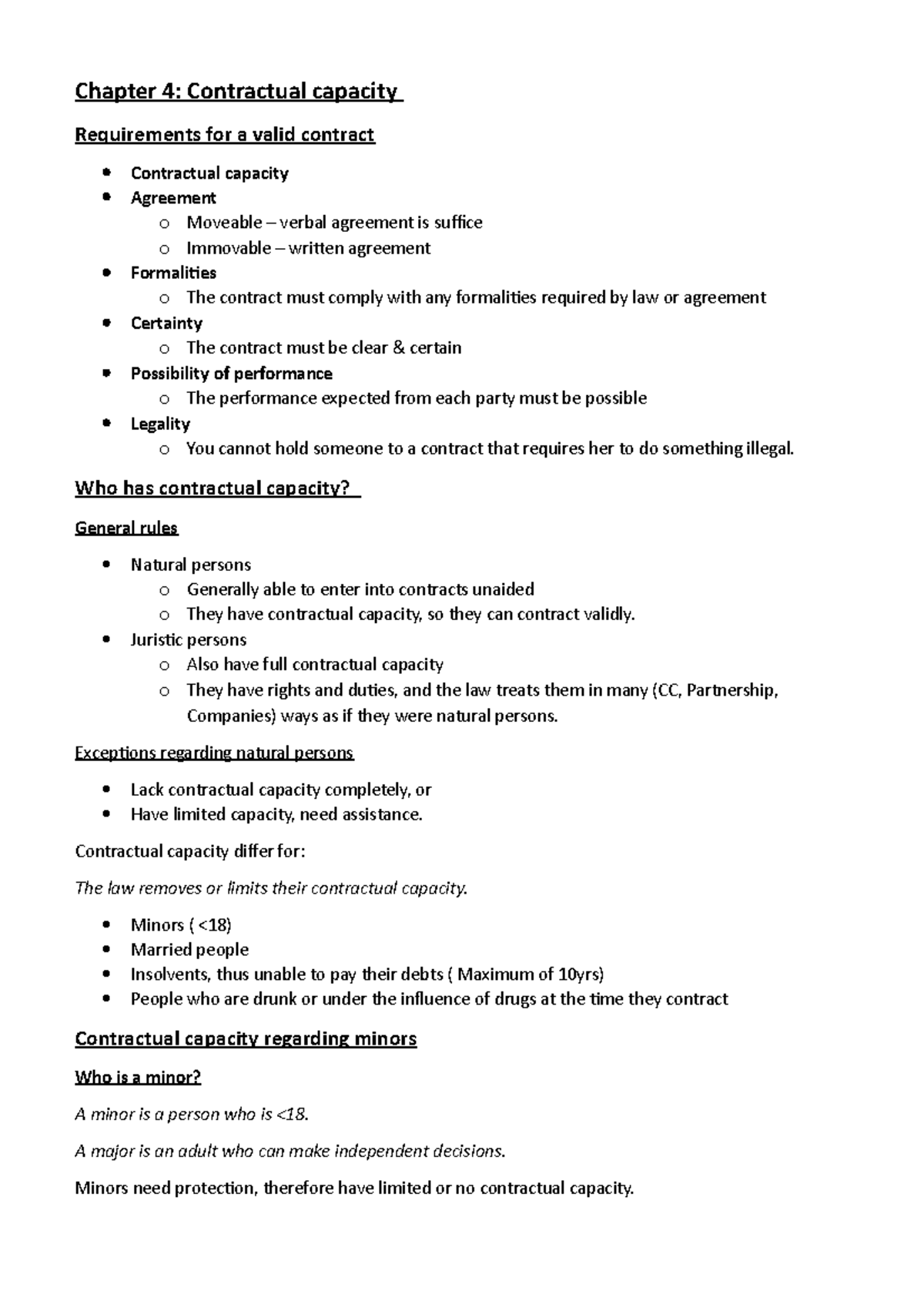 Contractual Capacity: Chapter 4 Overview of Valid Contracts - Studocu