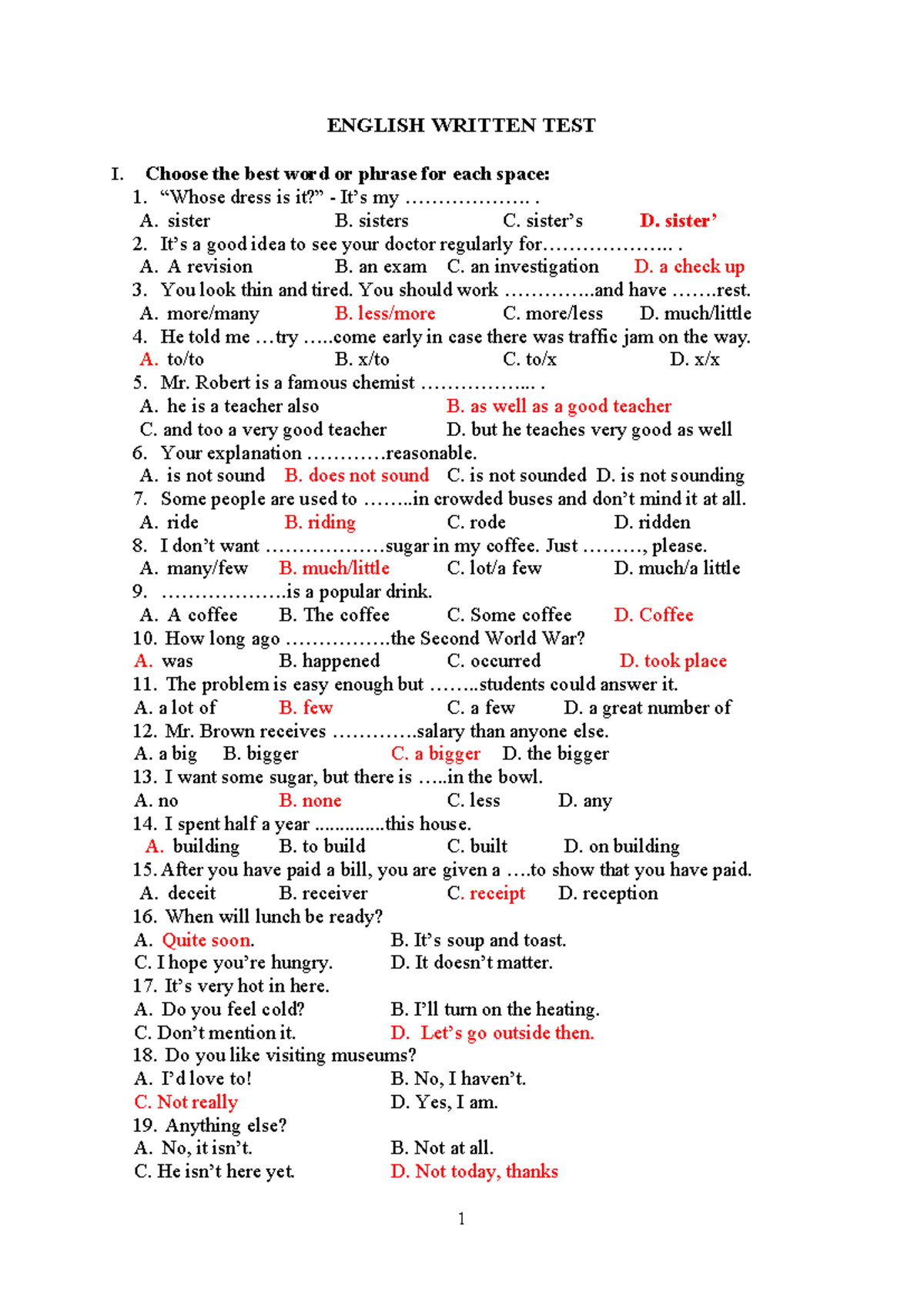 ENGLISH WRITTEN TEST I - Sample Questions and Answers for TA2 - Studocu