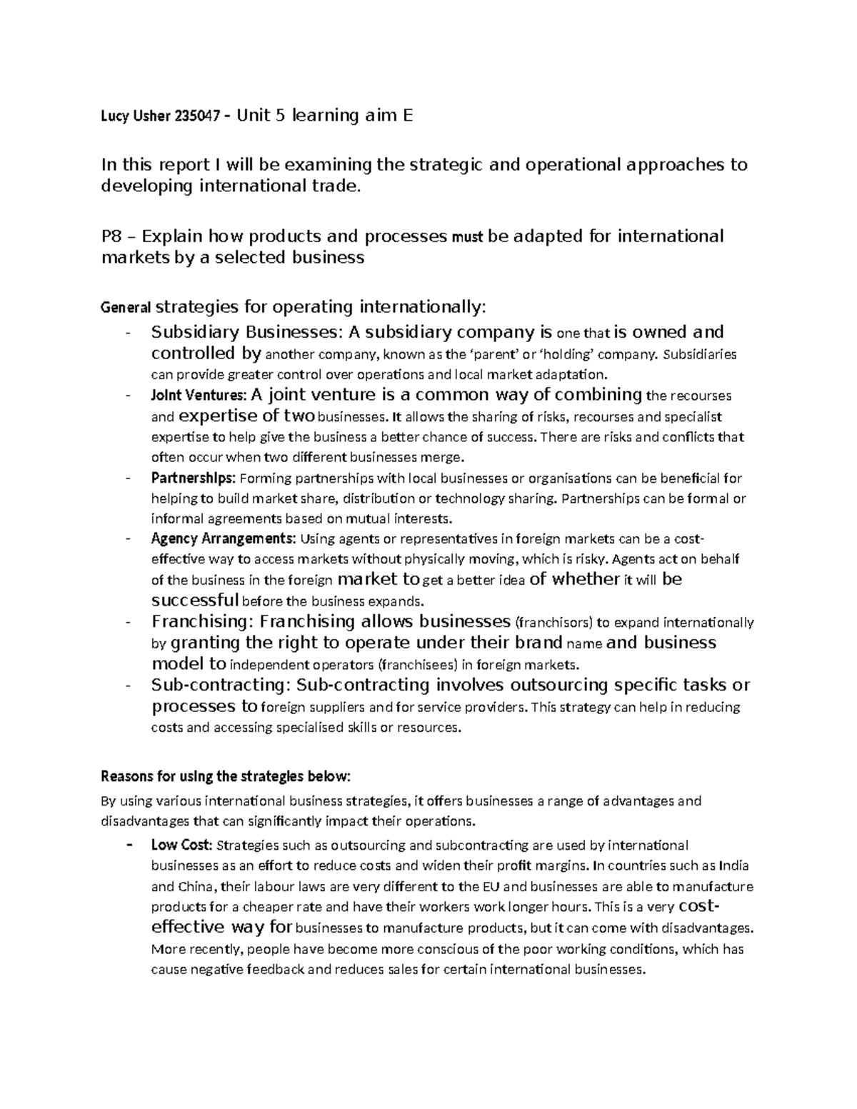 Unit 5 - Learning Aim E: International Trade Strategies Analysis - Studocu