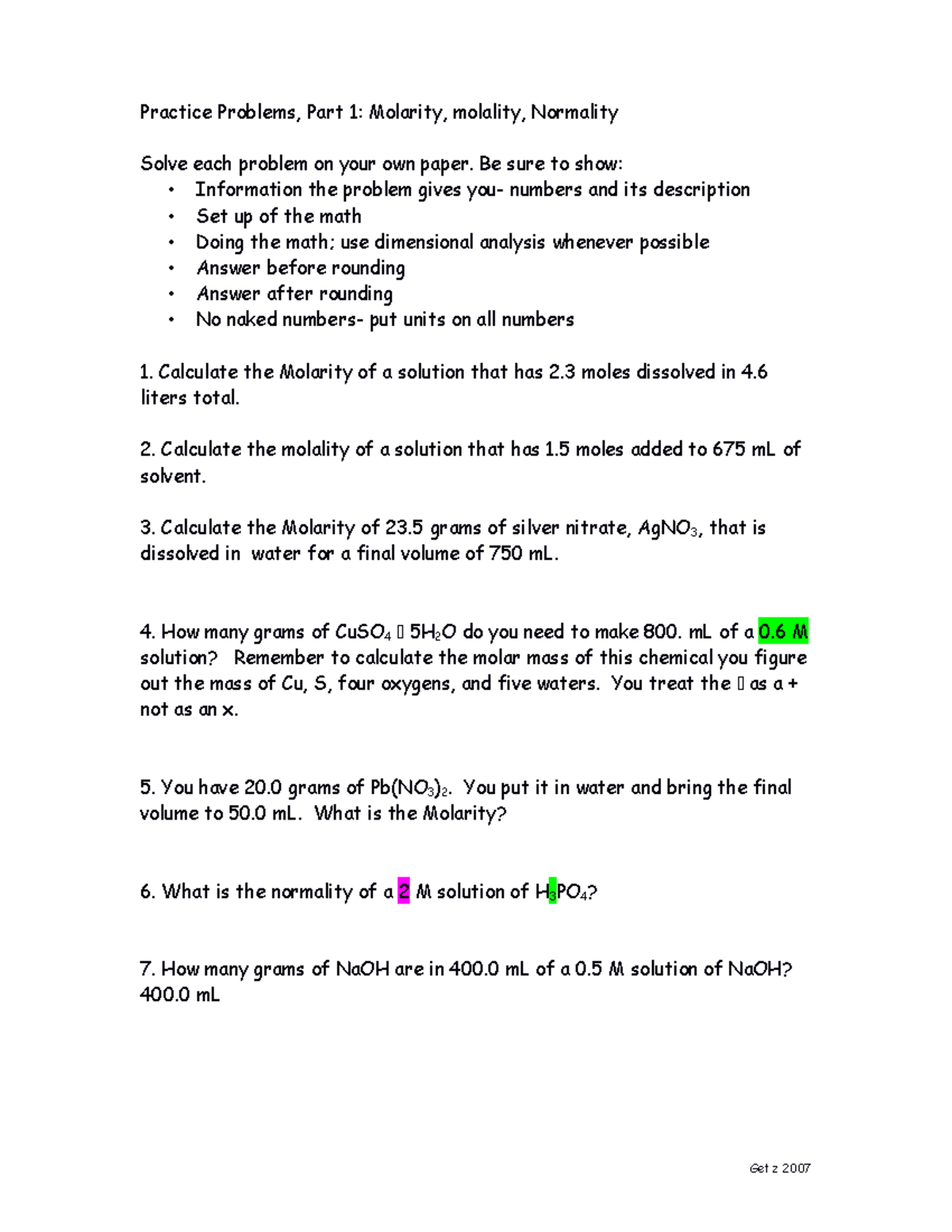 Concentration 3 Students - Practice Problems, Part 1: Molarity ...