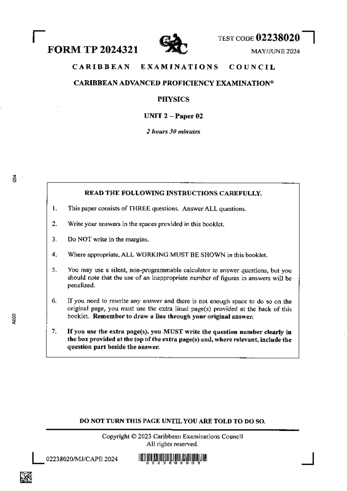 CAPE Physics 2024 Unit 2 Paper 02 Exam Instructions and Questions - Studocu