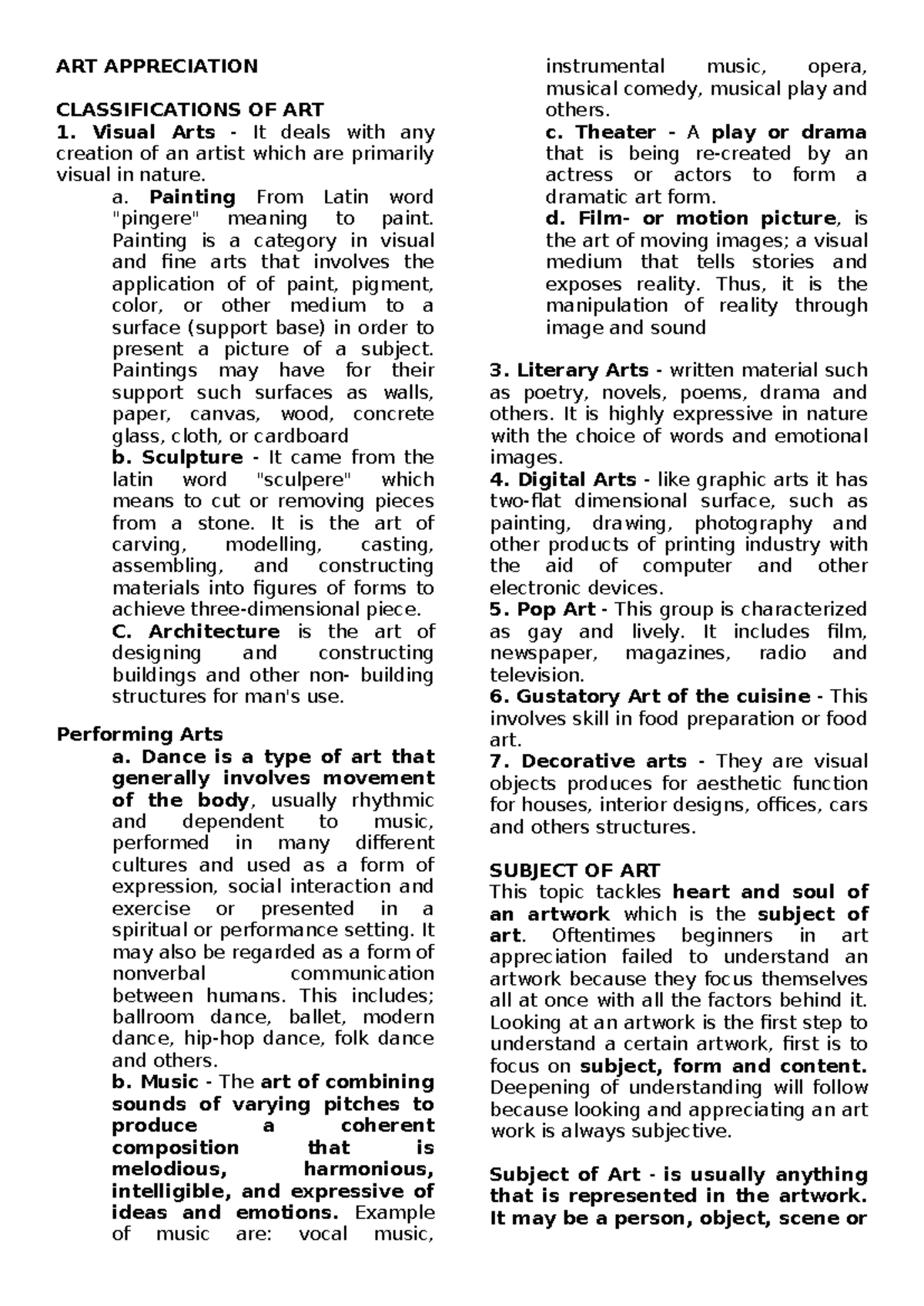 ART APPRECIATION: Classifications and Subjects of Art - Studocu