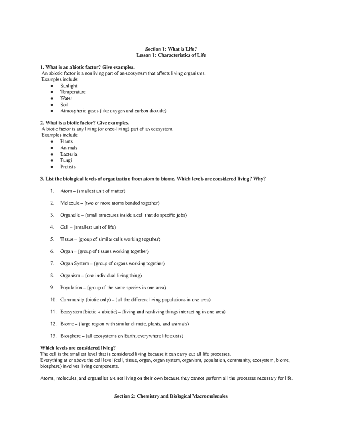 C190 Lesson 1: Characteristics of Life and Biological Macromolecules ...