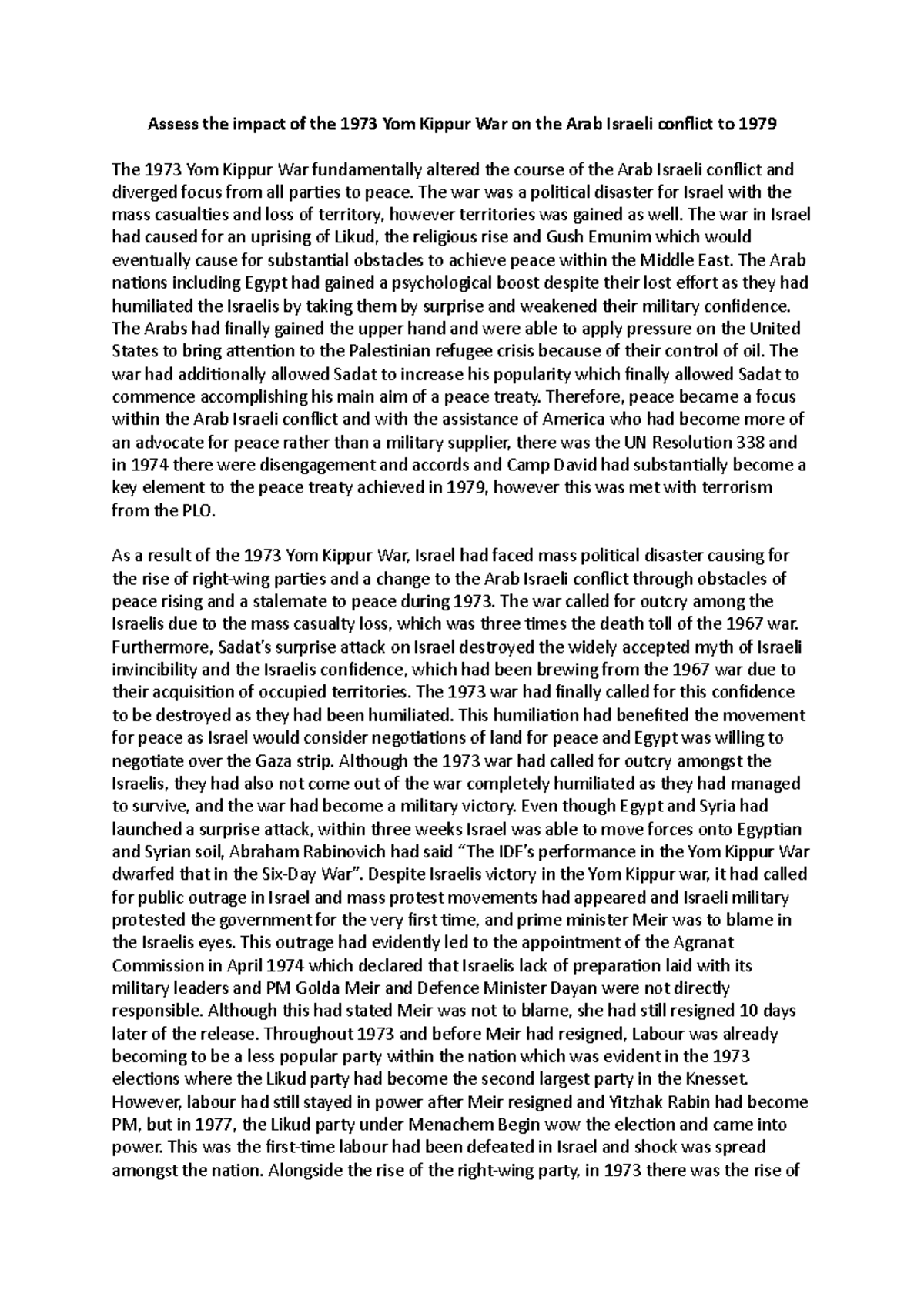 Impact of the 1973 Yom Kippur War on Arab-Israeli Conflict (1979) - Studocu