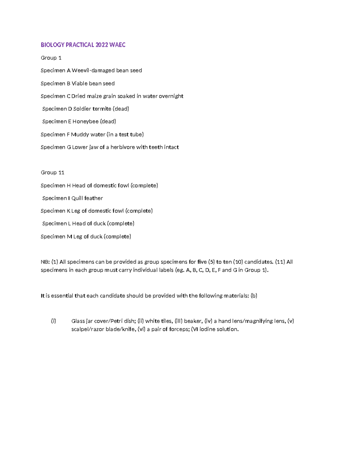Biology Practical Guide: WAEC 2022 Specimen Analysis 579071810 - Studocu