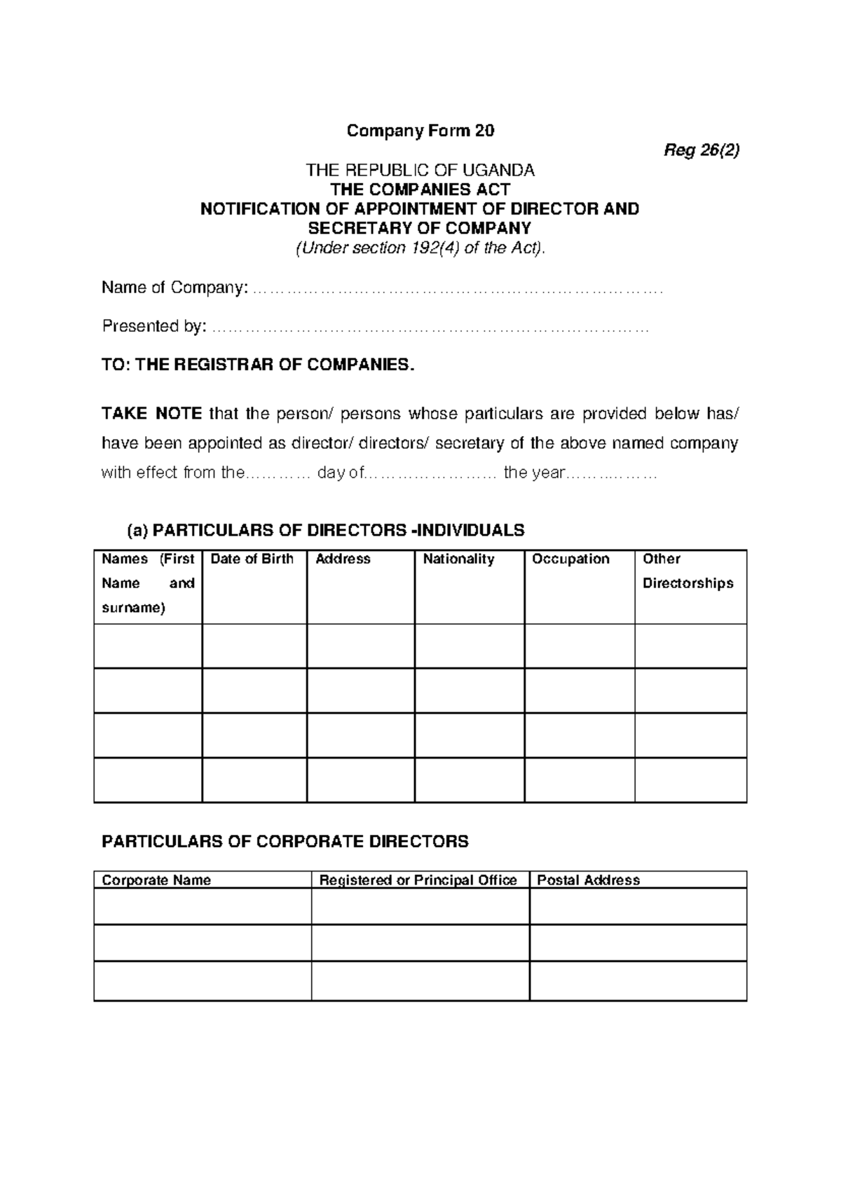 Company Form 20 Notes: Director & Secretary Appointment (UGA) - Studocu