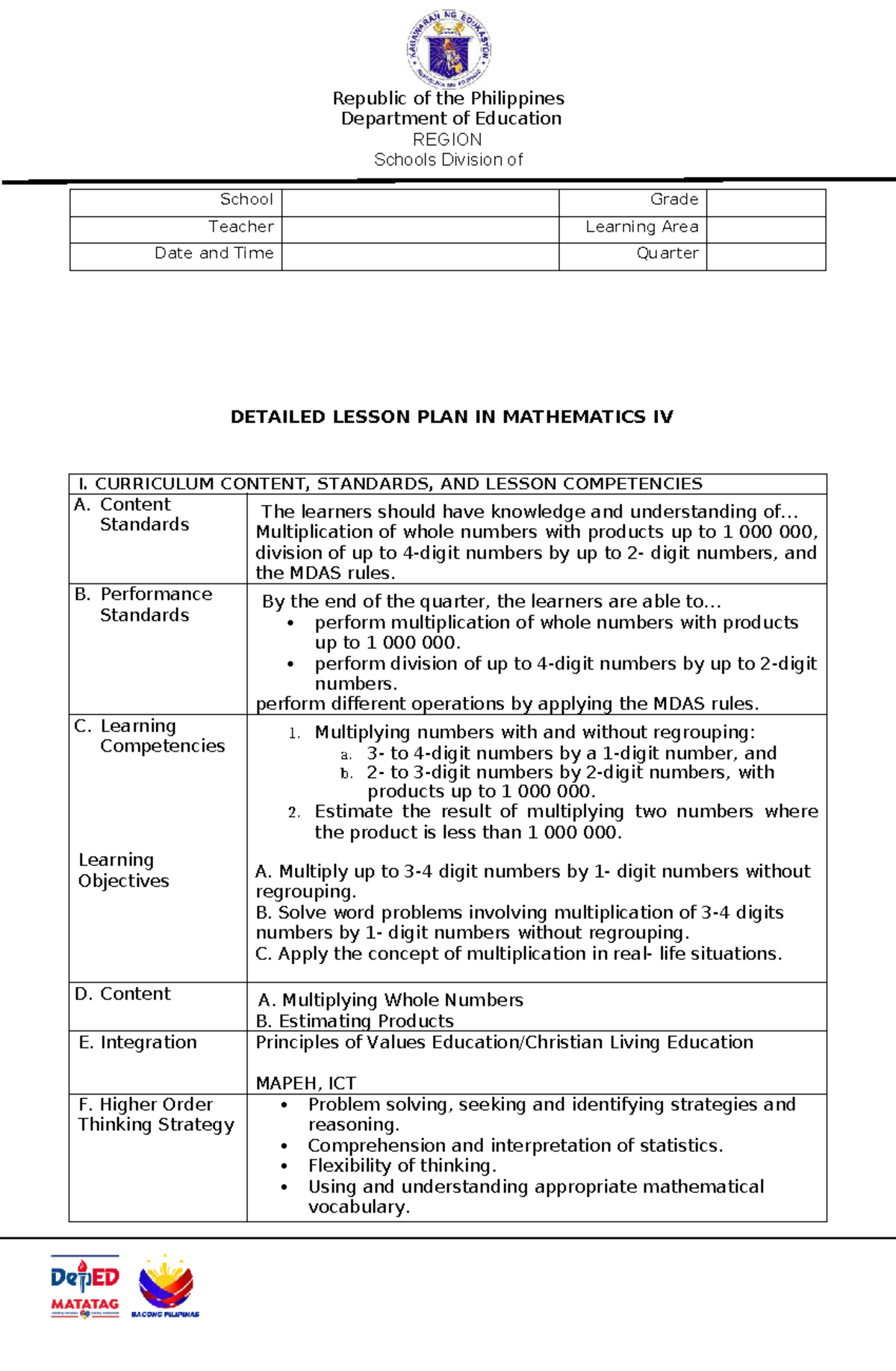 Detailed Lesson Plan in Mathematics IV: Multiplication Concepts - Studocu