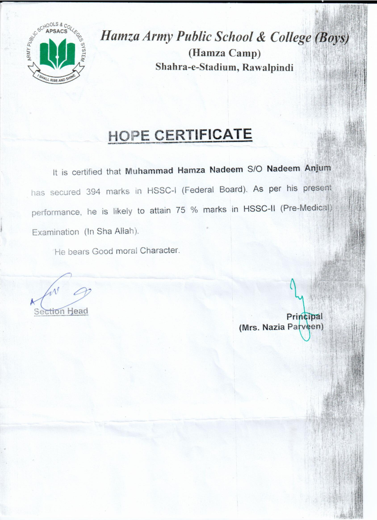 Hamza Hope Certificate - Science 8- DepEd - APSACS COLLEGES Hamza Army ...