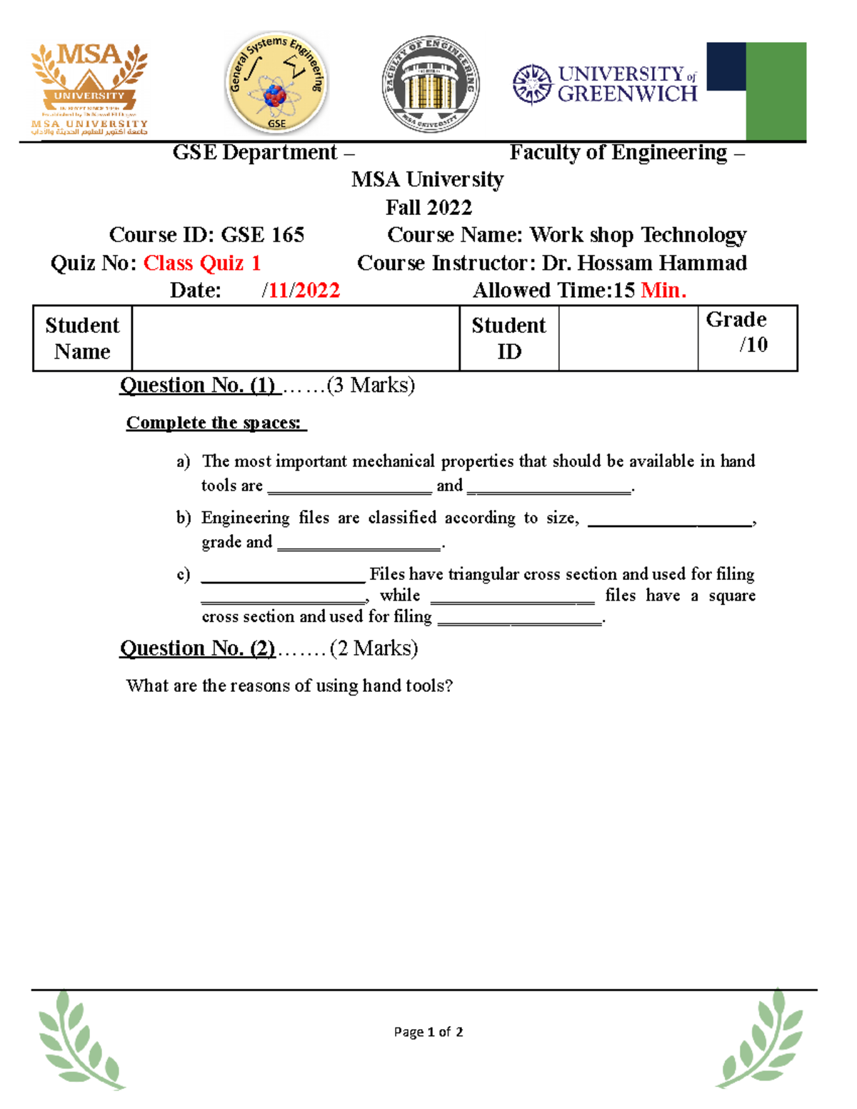 Quiz 1-B 2022 - llllllllll - GSE Department – Faculty of Engineering ...
