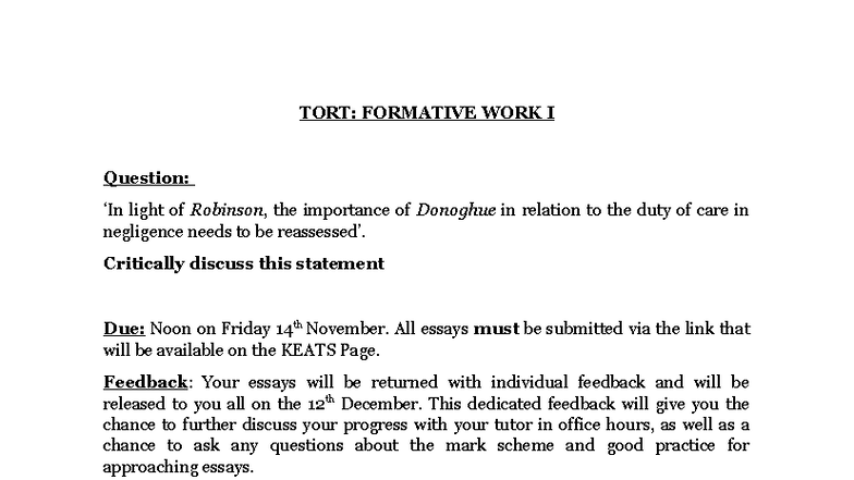 TORT 2025-26: Formative Work I - Duty of Care in Negligence Analysis ...
