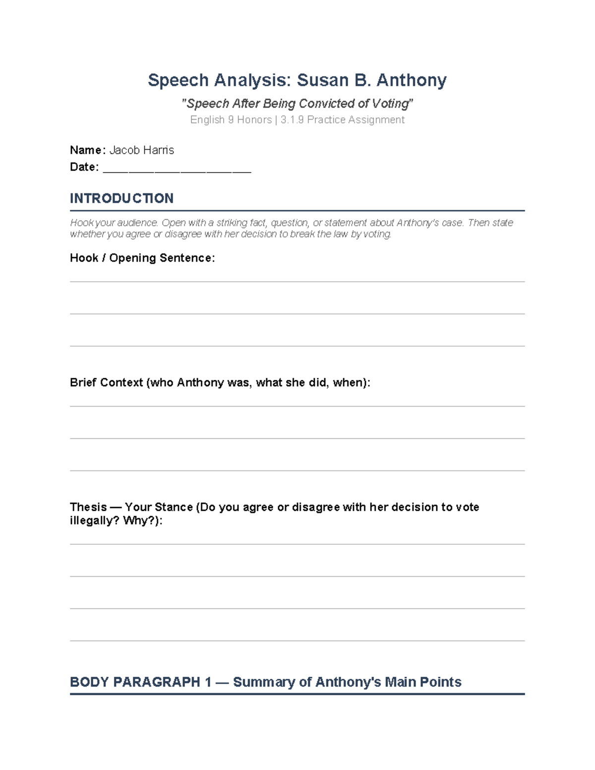Speech Analysis Template: Susan B. Anthony's Conviction - English 9 ...