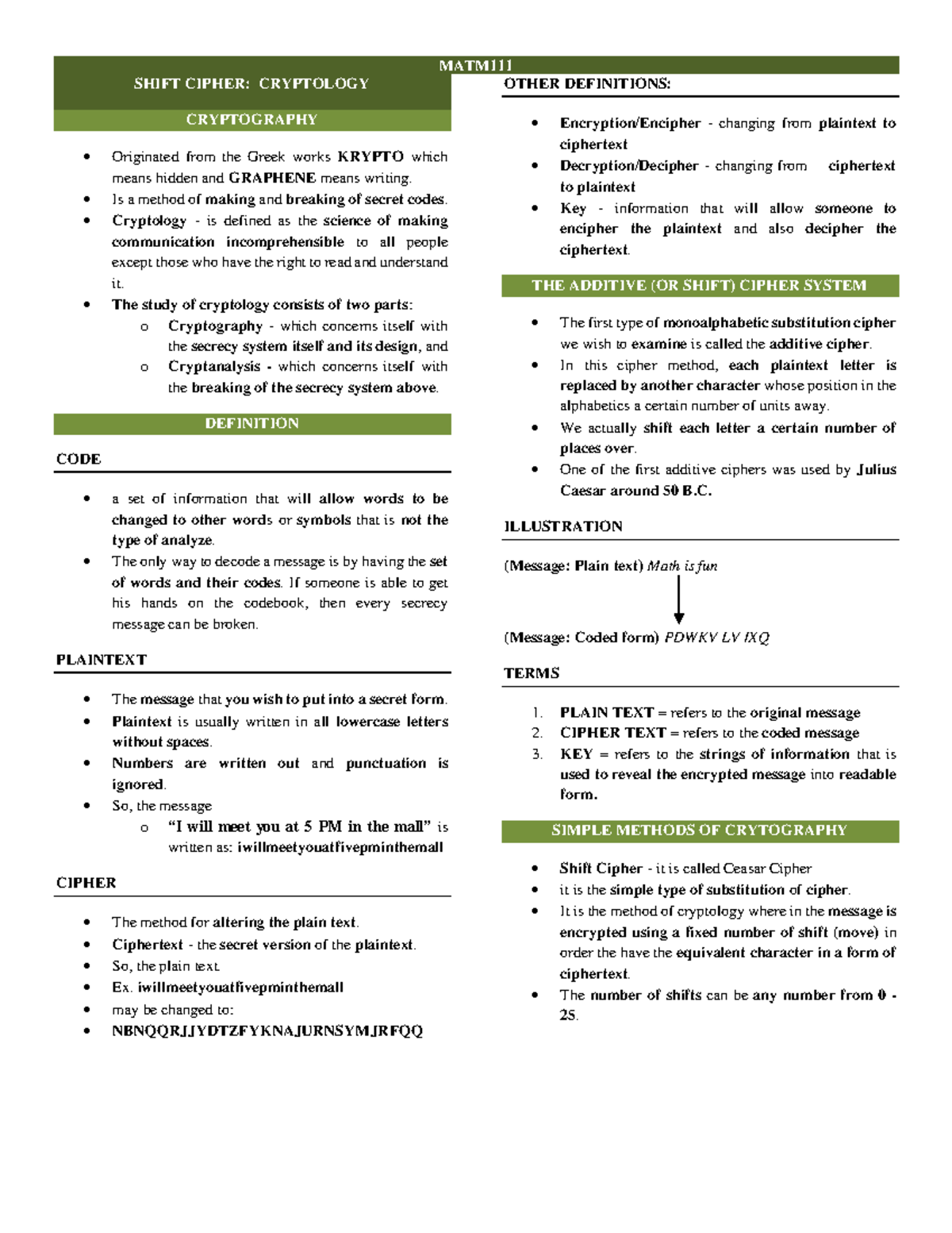MATM111 - Understanding the Shift Cipher in Cryptology - Studocu