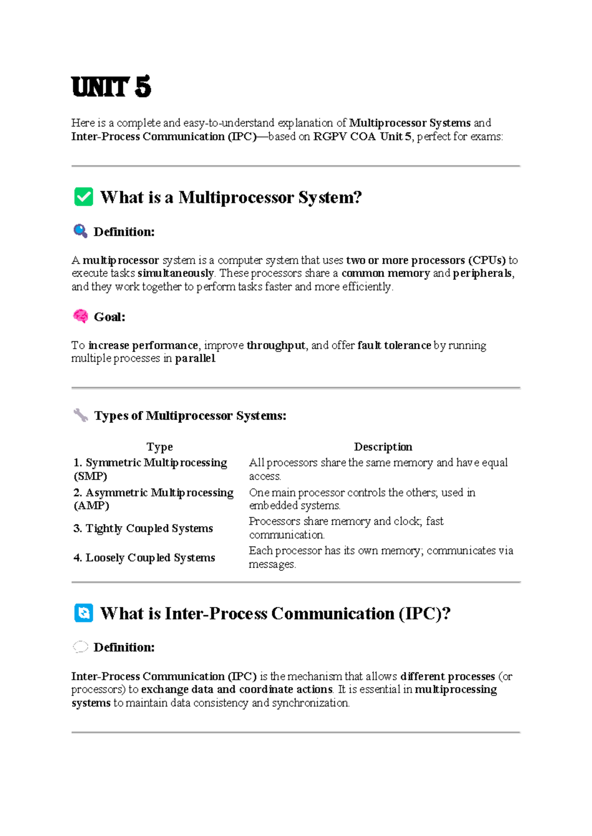 RGPV COA Unit 5: Comprehensive Notes on Multiprocessor Systems & IPC ...