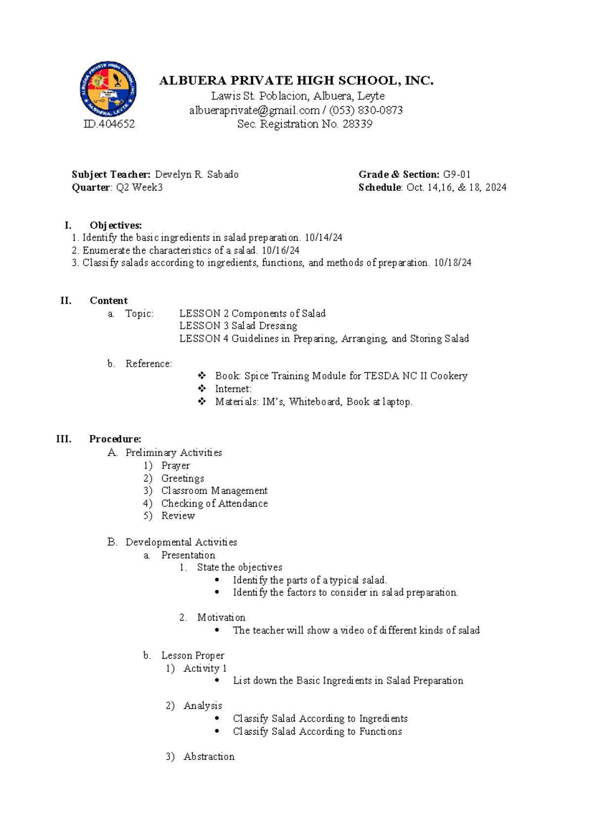 Salad dressingweek 3 - lesson plan - ALBUERA PRIVATE HIGH SCHOOL, INC ...