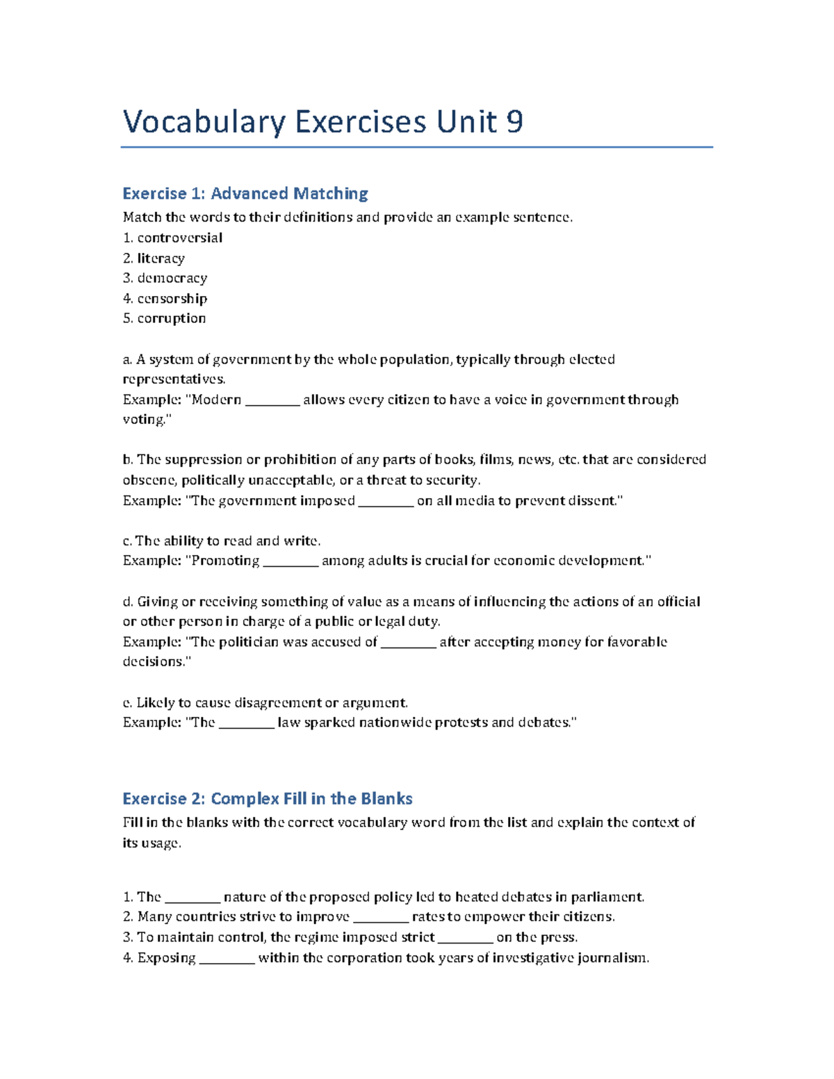 Vocabulary Exercises - Unit 9: Advanced Word Mastery Activities - Studocu