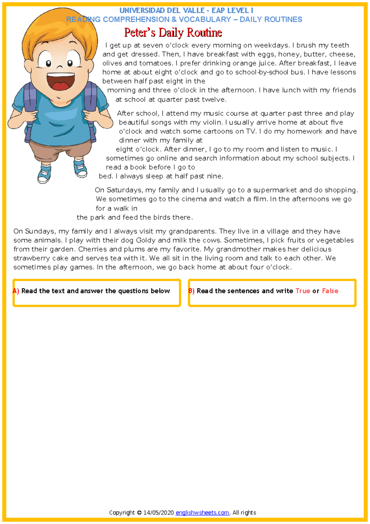 5. Present Simple Peter's daily routine esl reading comprehension - A ...