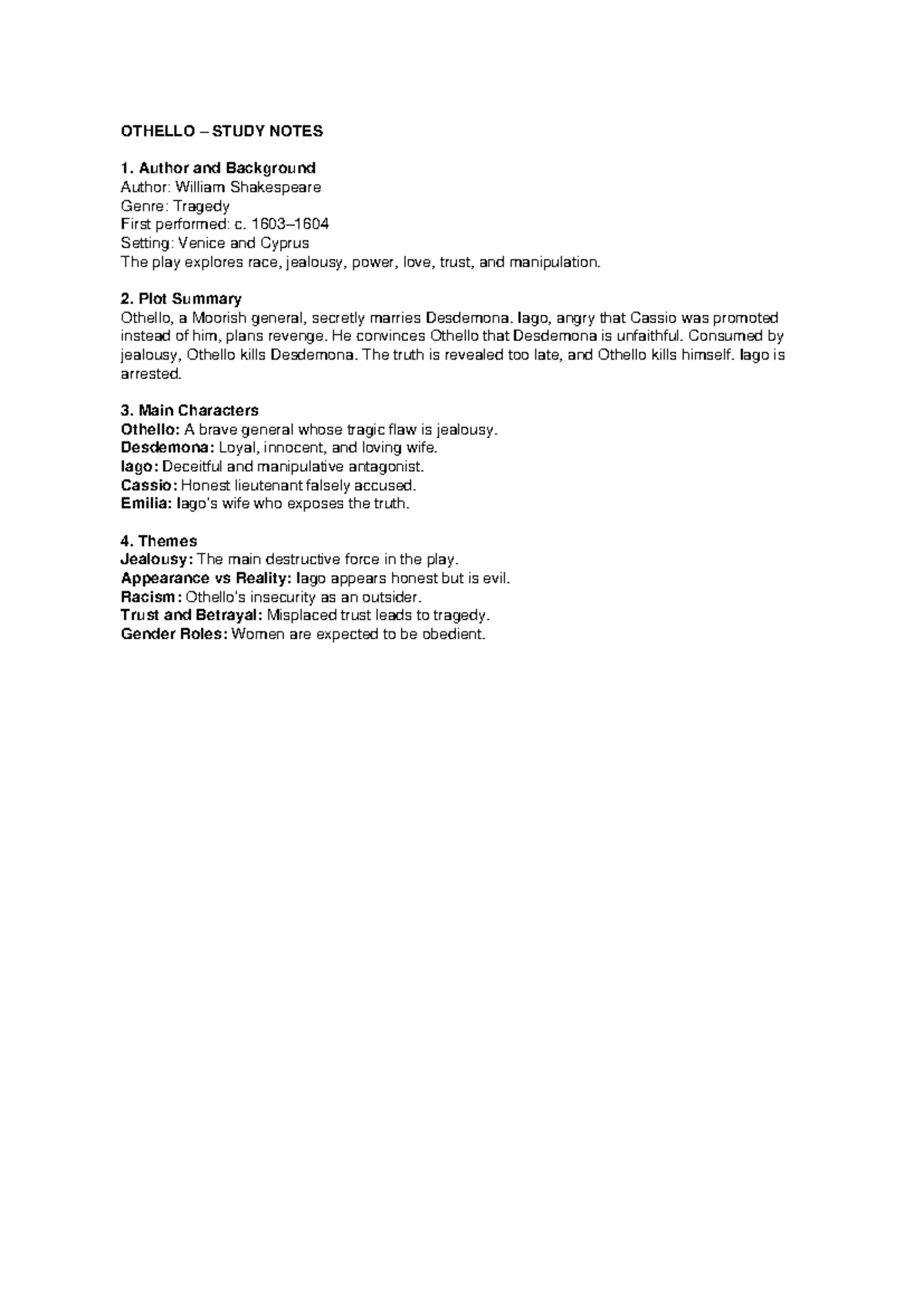 Othello Study Notes: Themes, Characters, and Plot Summary - Studocu