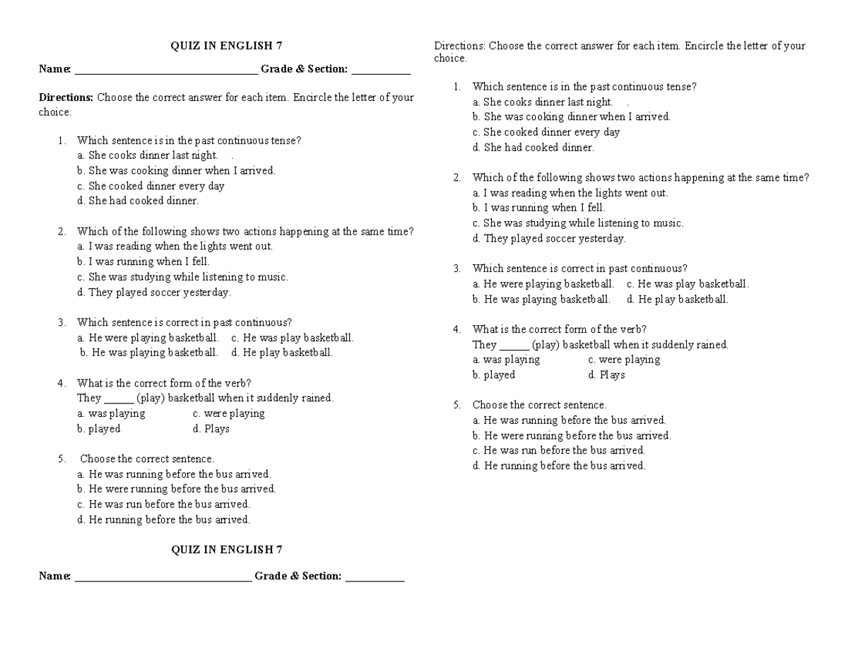 Quiz on Past Continuous Tense - English 7 - Studocu