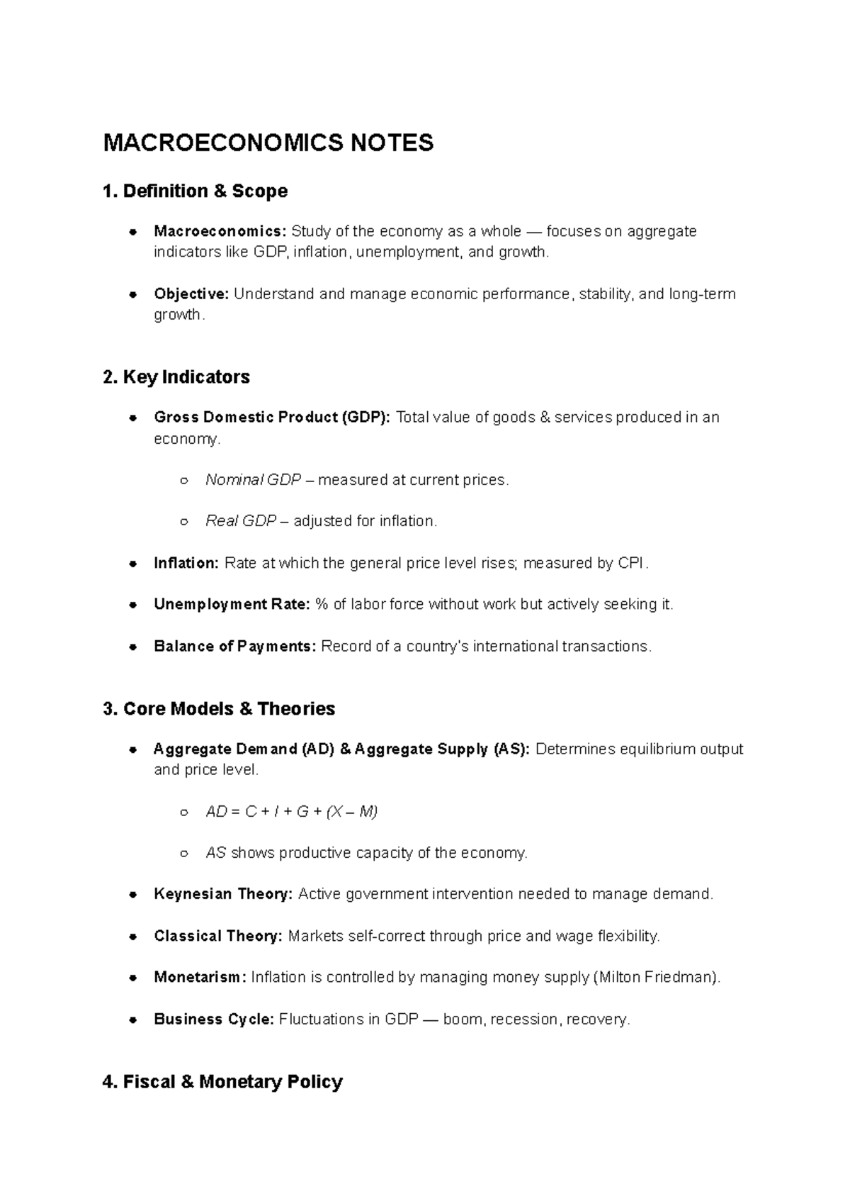 MACROECONOMICS NOTES: Key Concepts and Indicators Overview - Studocu