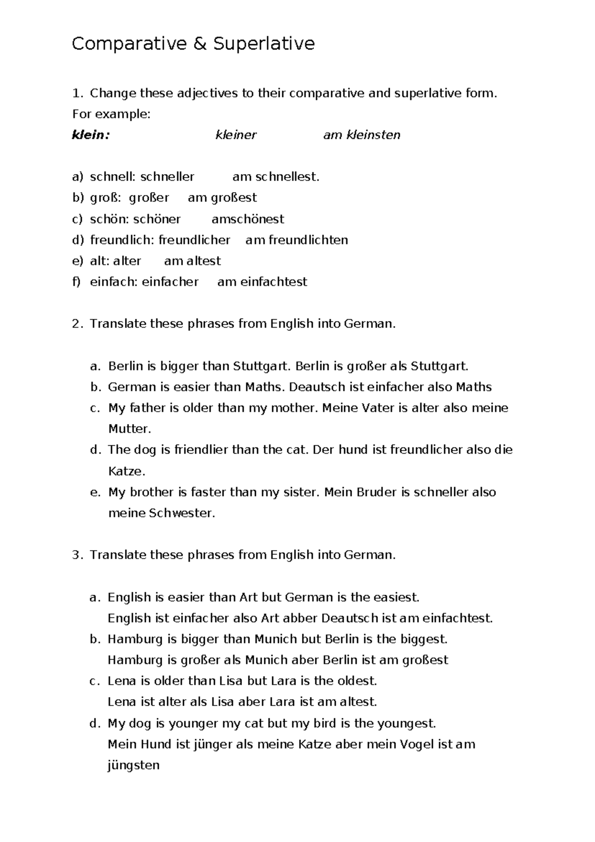 German Comparative & Superlative Worksheet 1 - Studocu