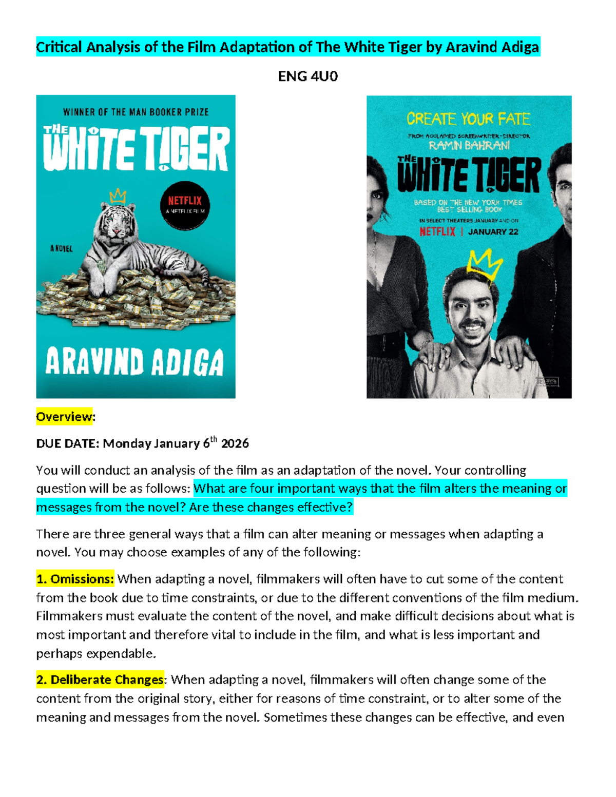ENG 4U0 Critical Analysis of The White Tiger Film Adaptation - Studocu
