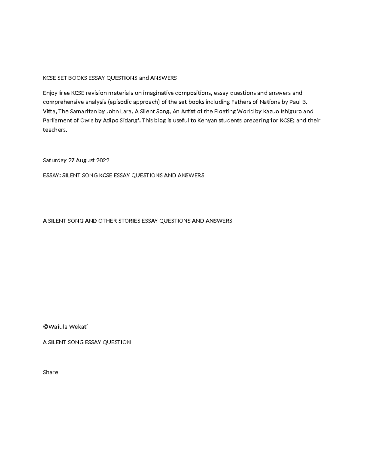 KCSE Essay Questions on "A Silent Song" and Related Set Books - Studocu
