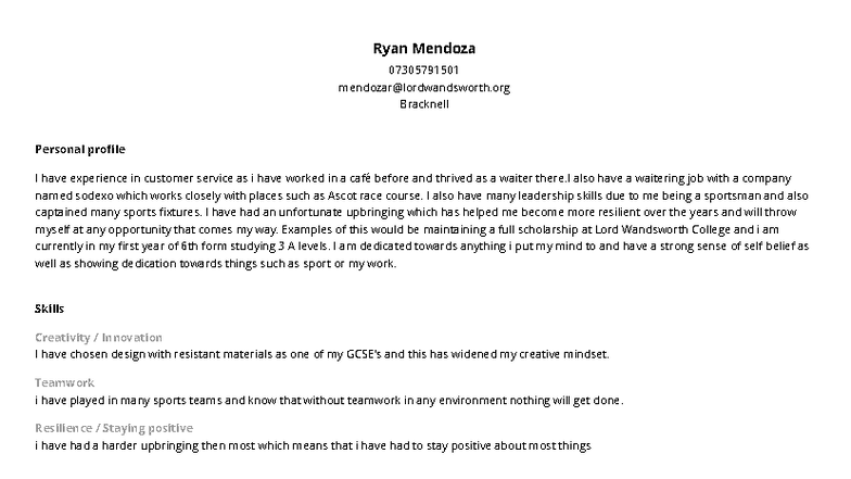 CV - Ryan Mendoza 07305791501: Personal Profile & Experience - Studocu