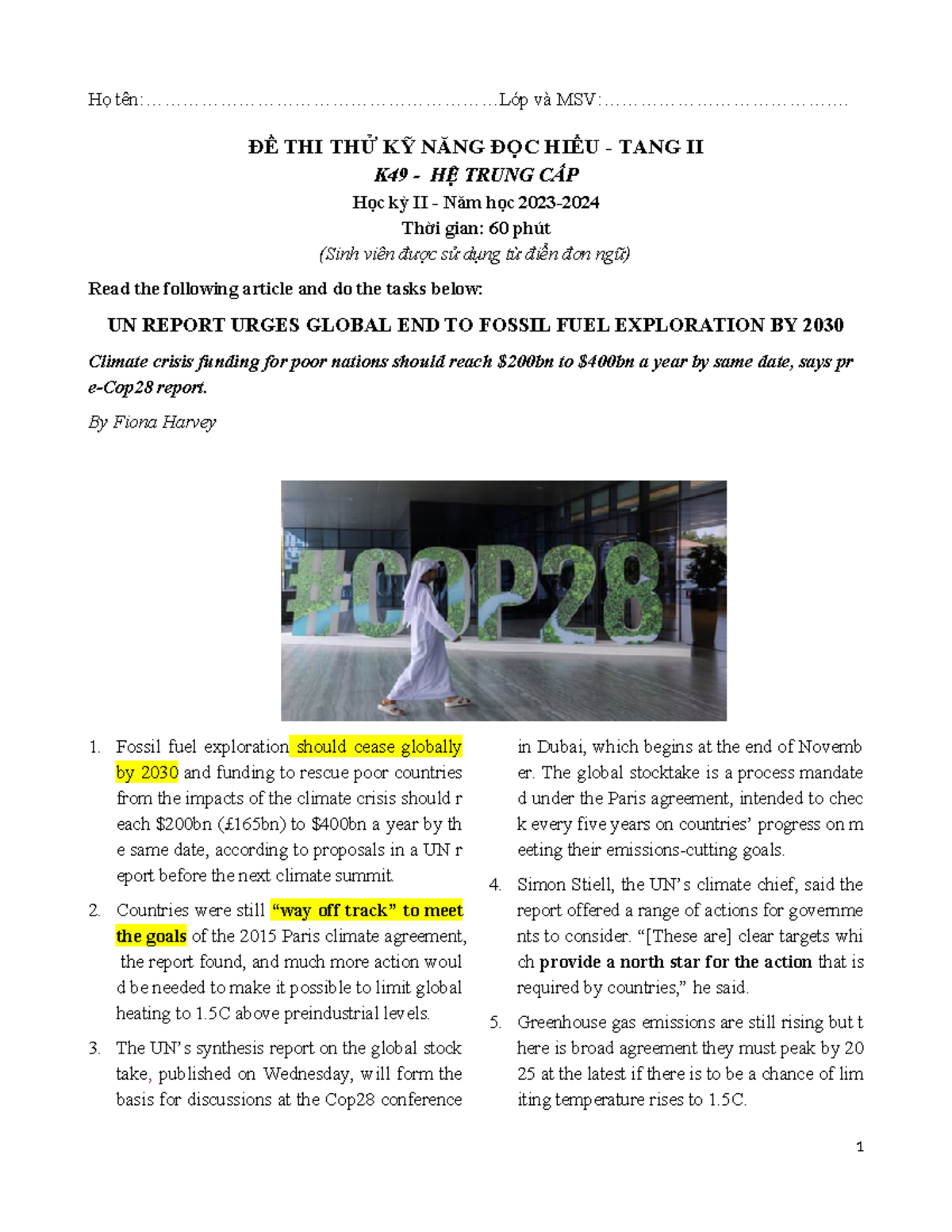 Midterm ESP 2 Reading Exam - Họ tên:........................................................ớp ...