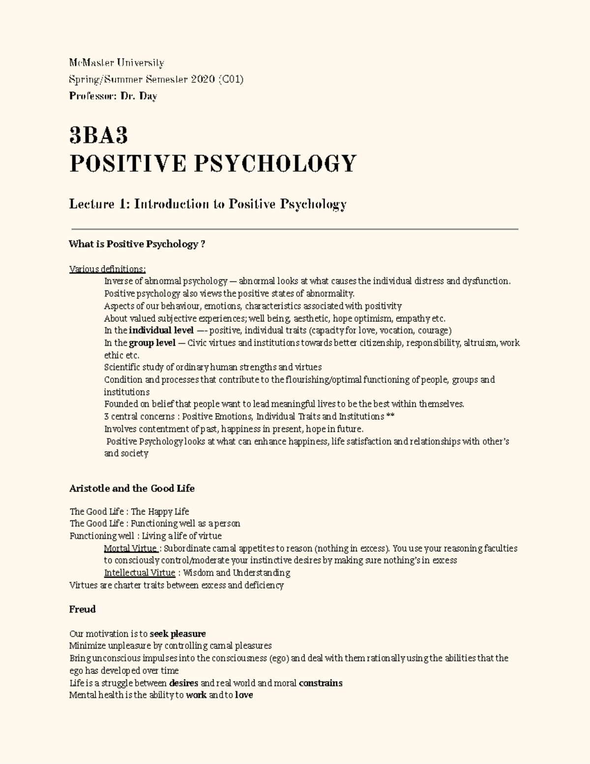3BA3 Lecture 1: Introduction to Positive Psychology Concepts - Studocu