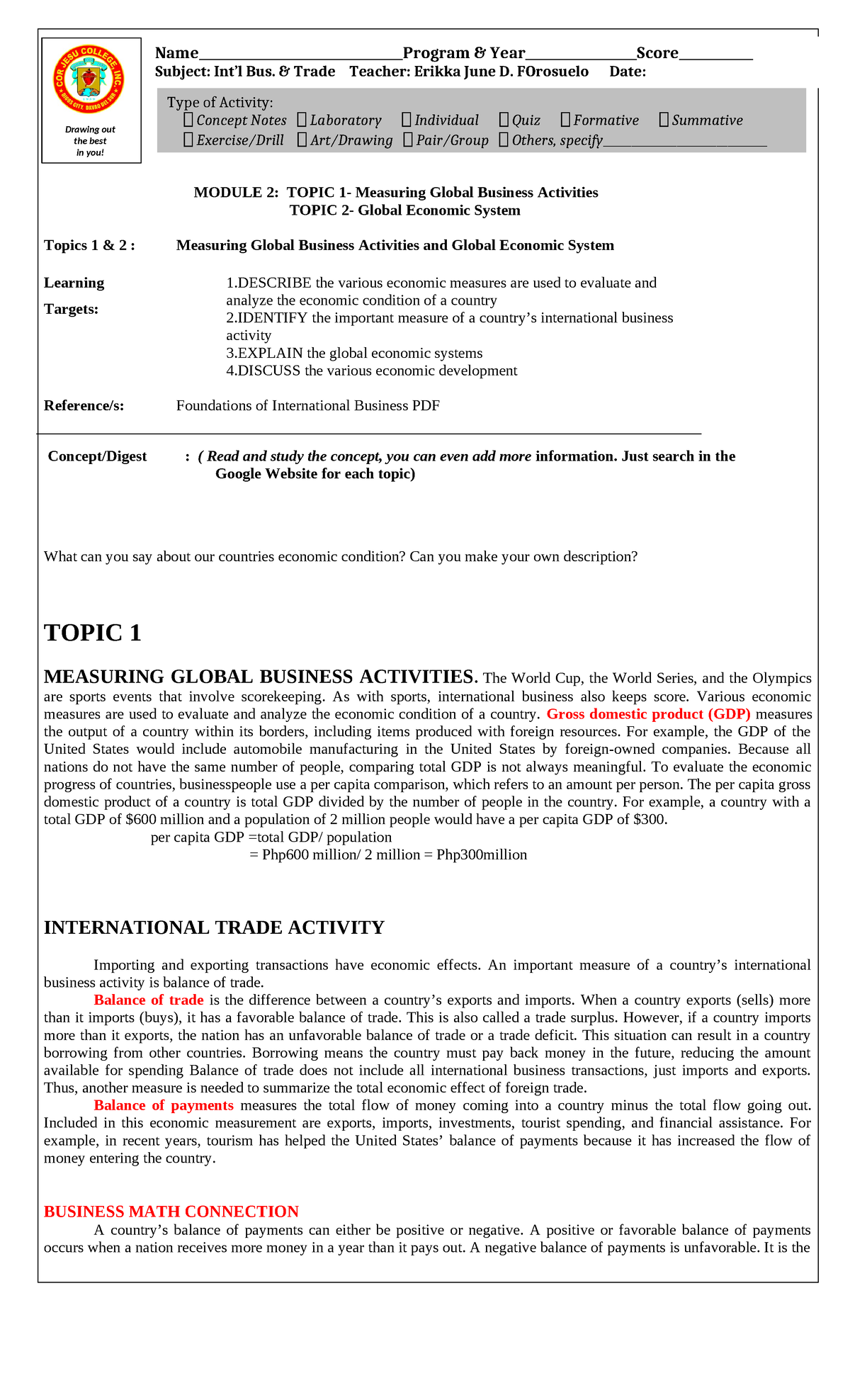 Module 2: Global Business Activities & Economic Systems Overview - Studocu