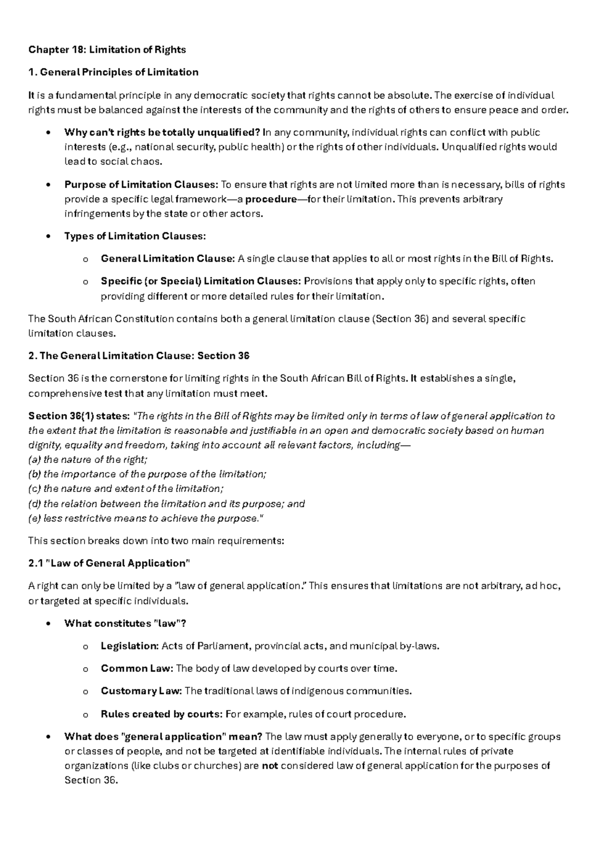 HRL - Chapter 18: Limitation of Rights and General Principles - Studocu